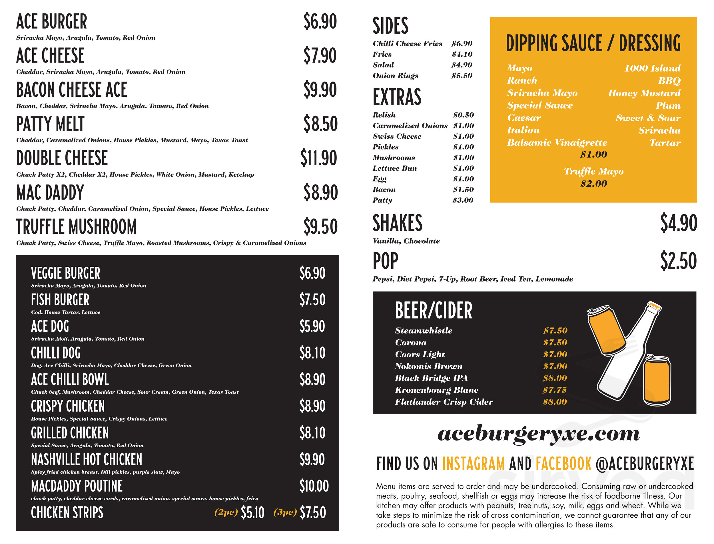 Ace Burger menu in Saskatoon, Saskatchewan, Canada