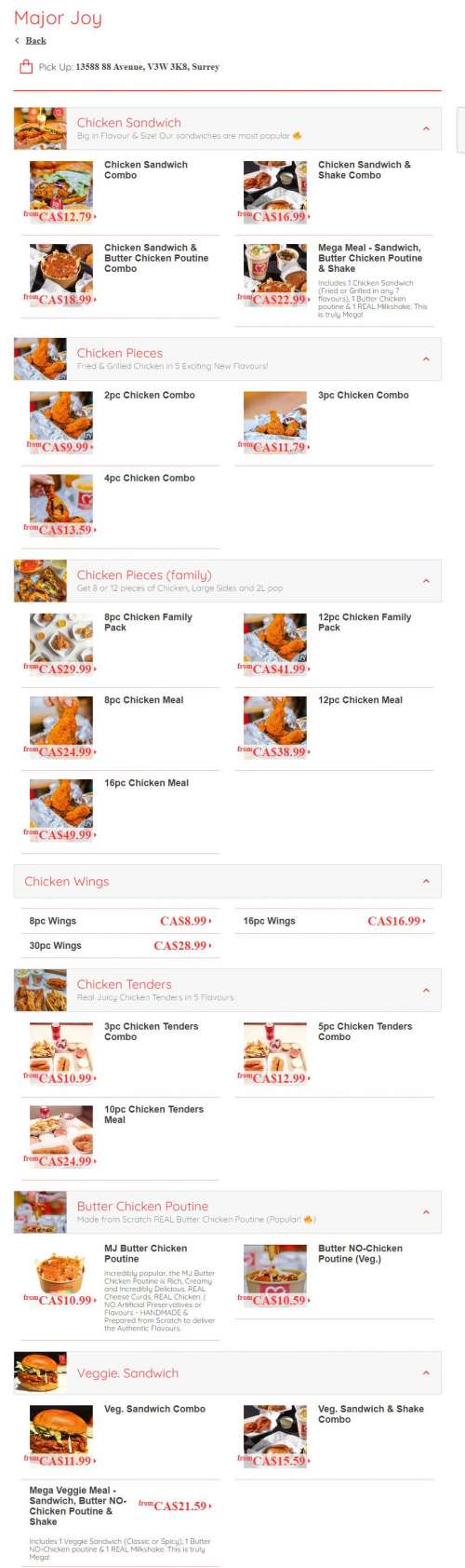 MAJOR JOY Flavoured Chicken menu in Surrey, British Columbia, Canada