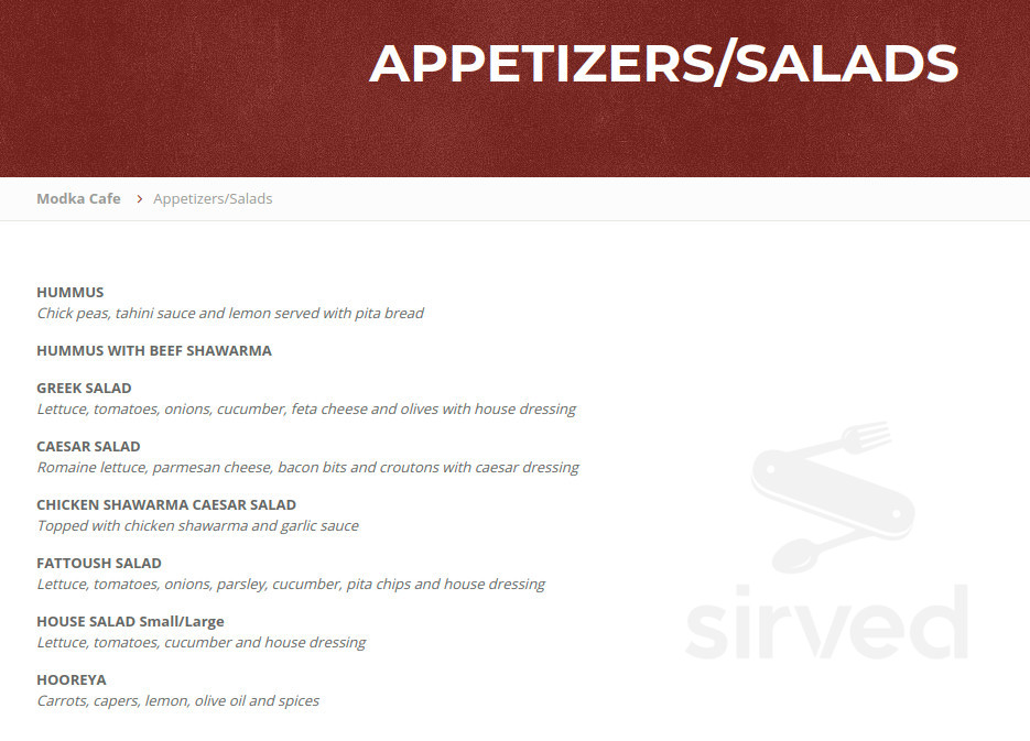 Menu - Mississauga ON's Modka Cafe | Sirved