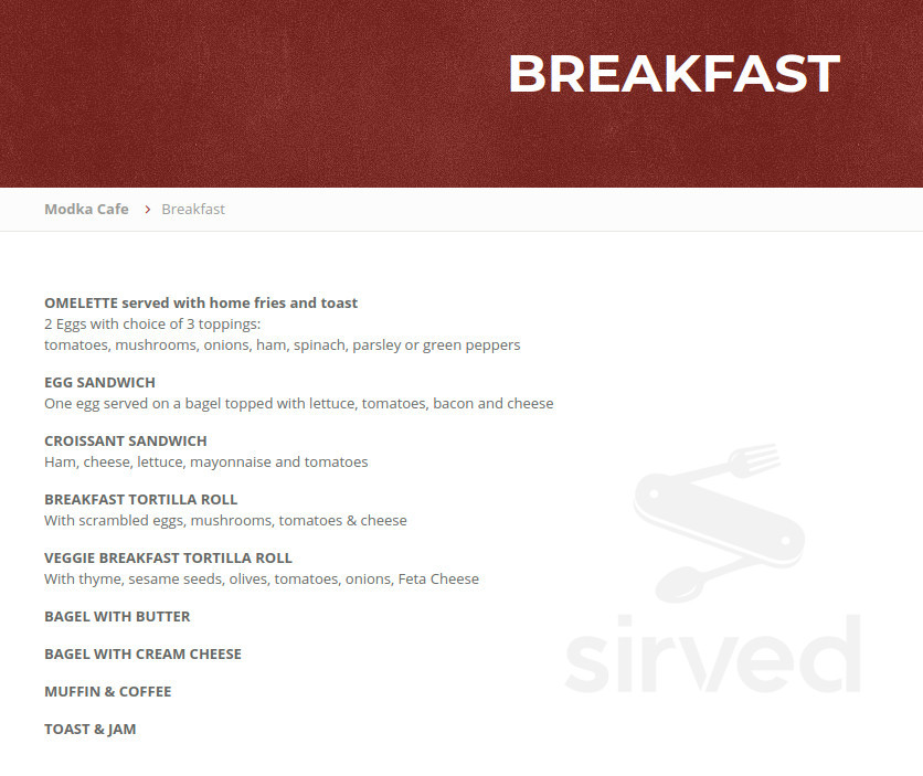 Menu - Mississauga ON's Modka Cafe | Sirved