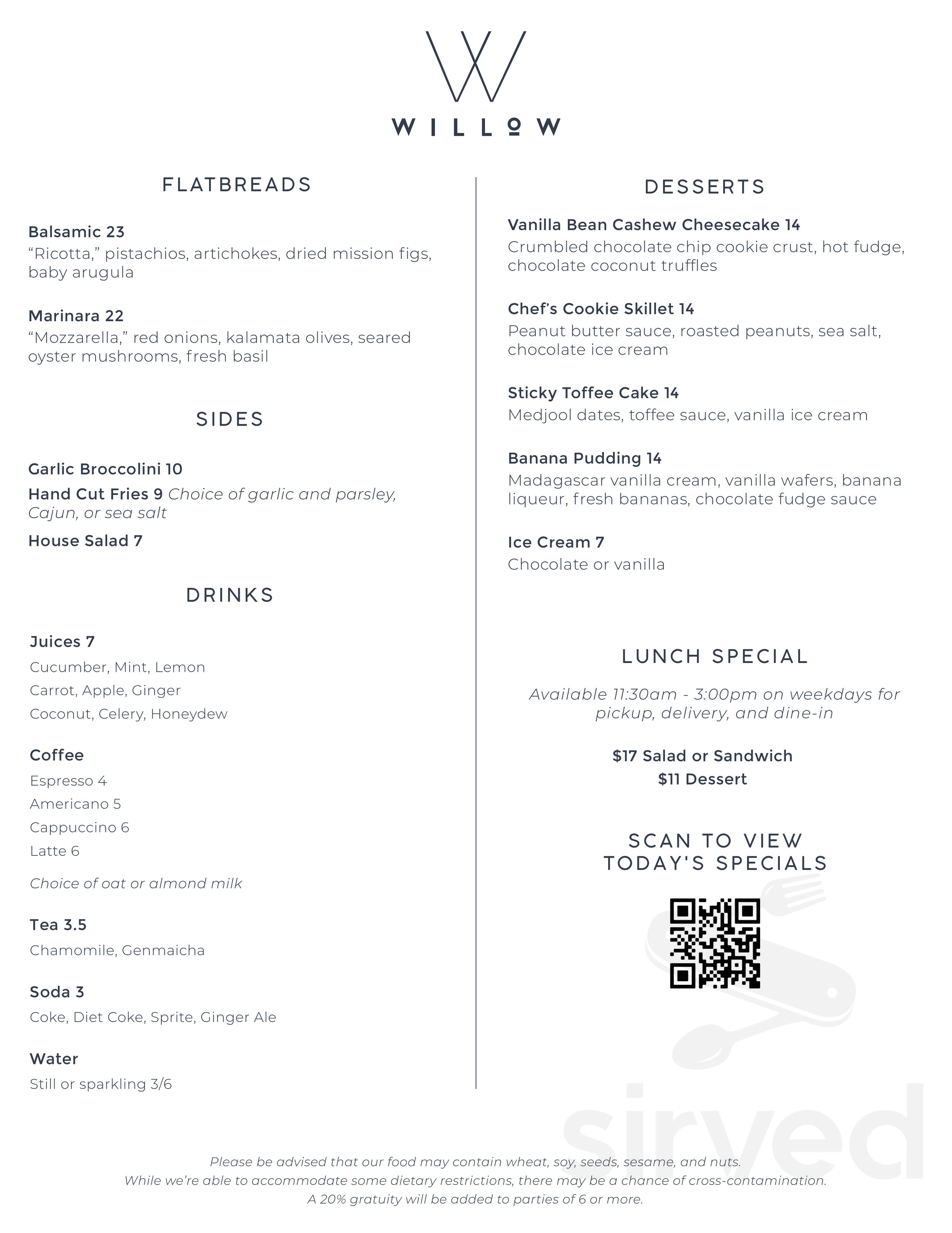 Willow menu in New York, New York, USA