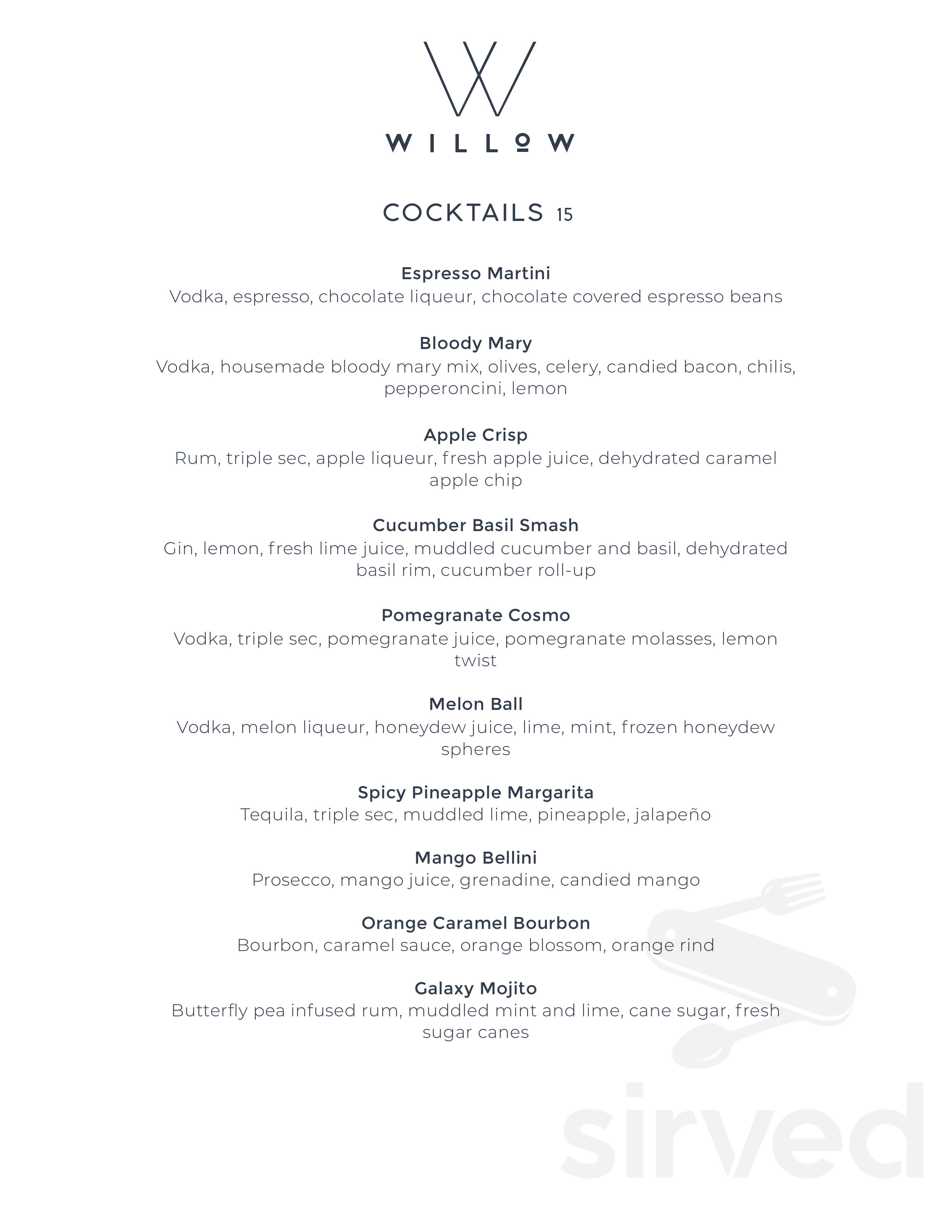Willow menu in New York, New York, USA