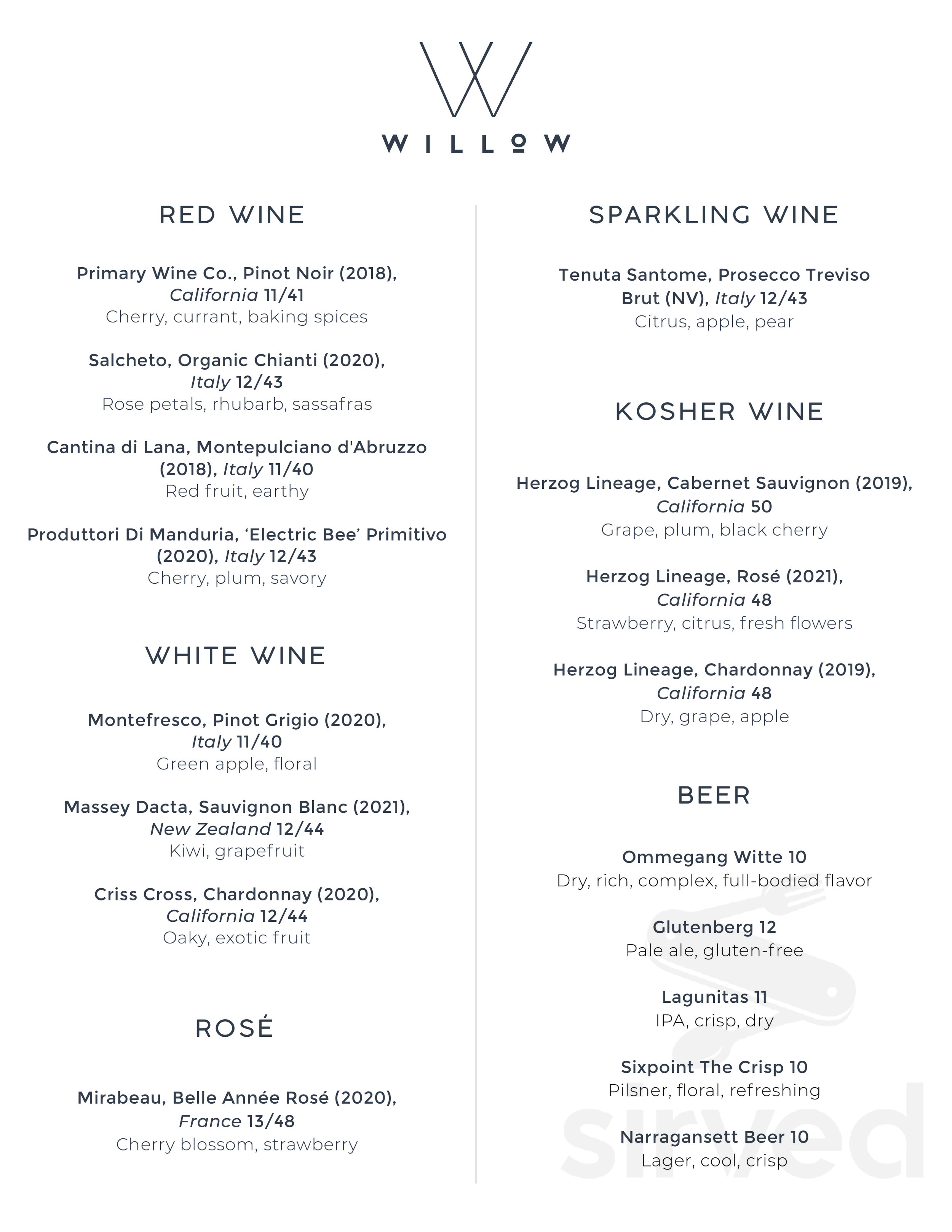 Willow menu in New York, New York, USA