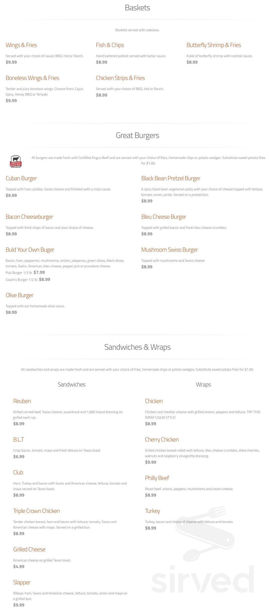 Coach's Pub and Grill menu in Lansing, Michigan, USA