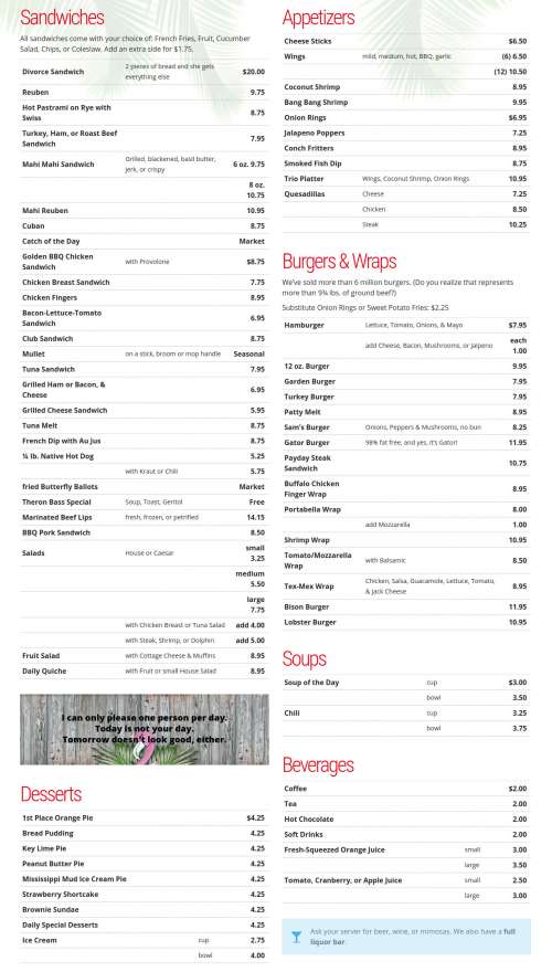 Harry and the Natives menu in Hobe Sound, Florida, USA