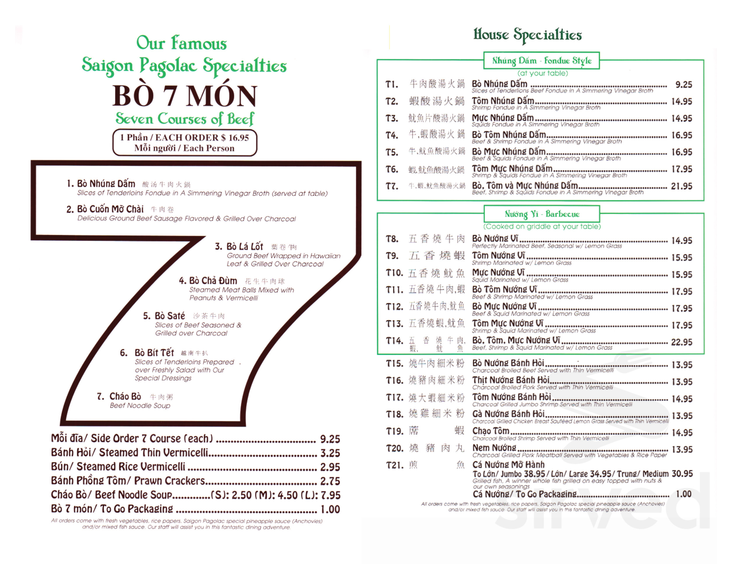 Saigon Pagolac menu in Houston, Texas, USA