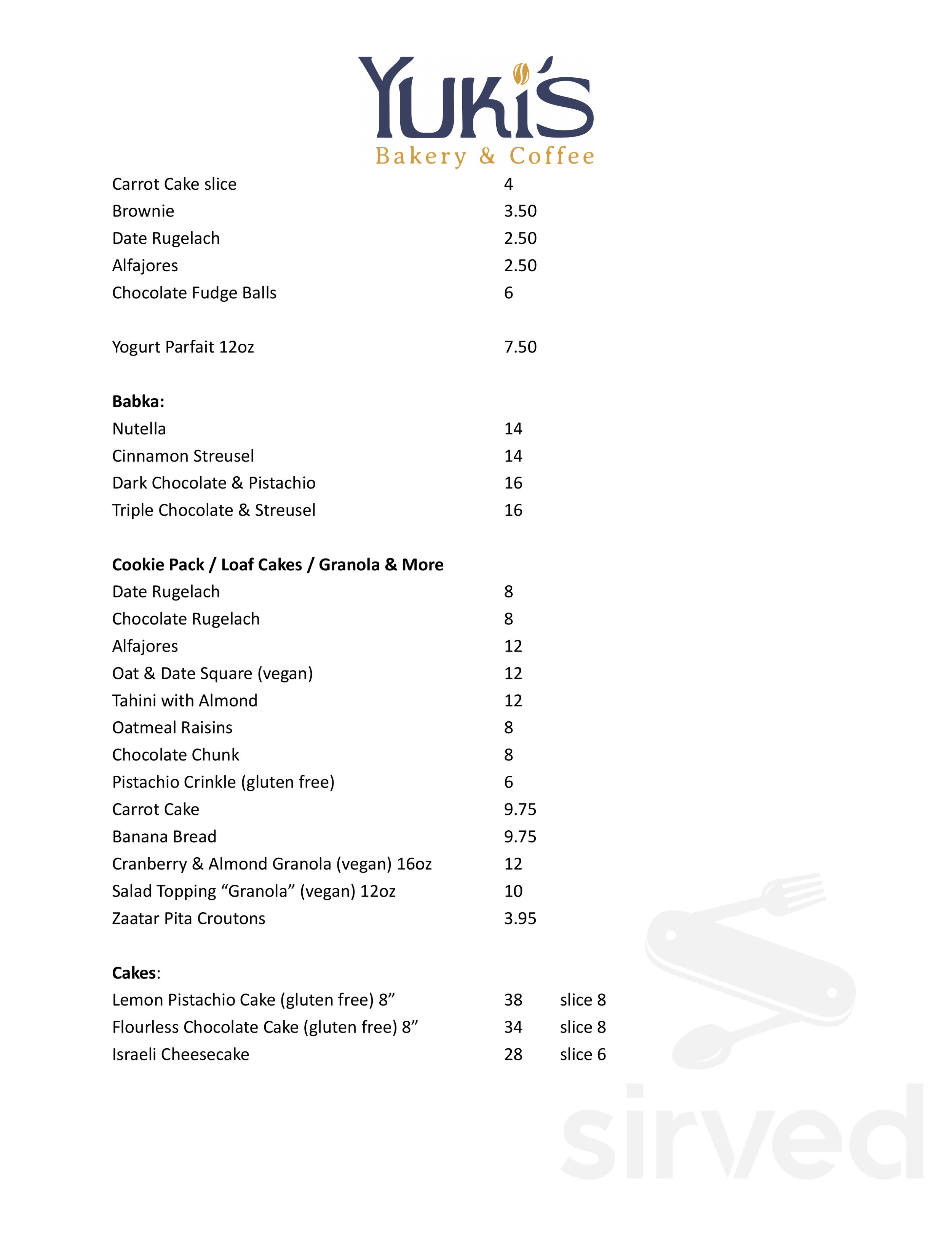 Yuki's Coffee & Bakery menu in Hoboken, New Jersey, USA