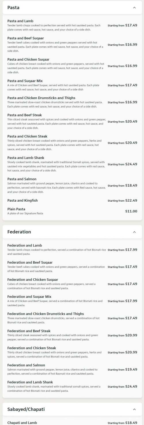 Safia restaurant menu in Ottawa, Ontario, Canada