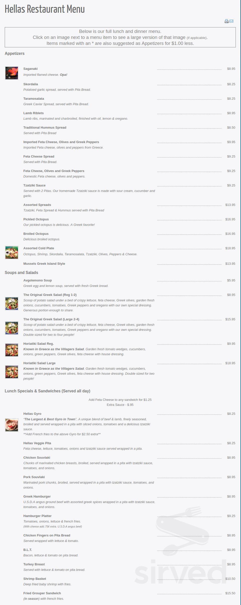 Hellas Restaurant & Bakery menu in Tarpon Springs, Florida, USA