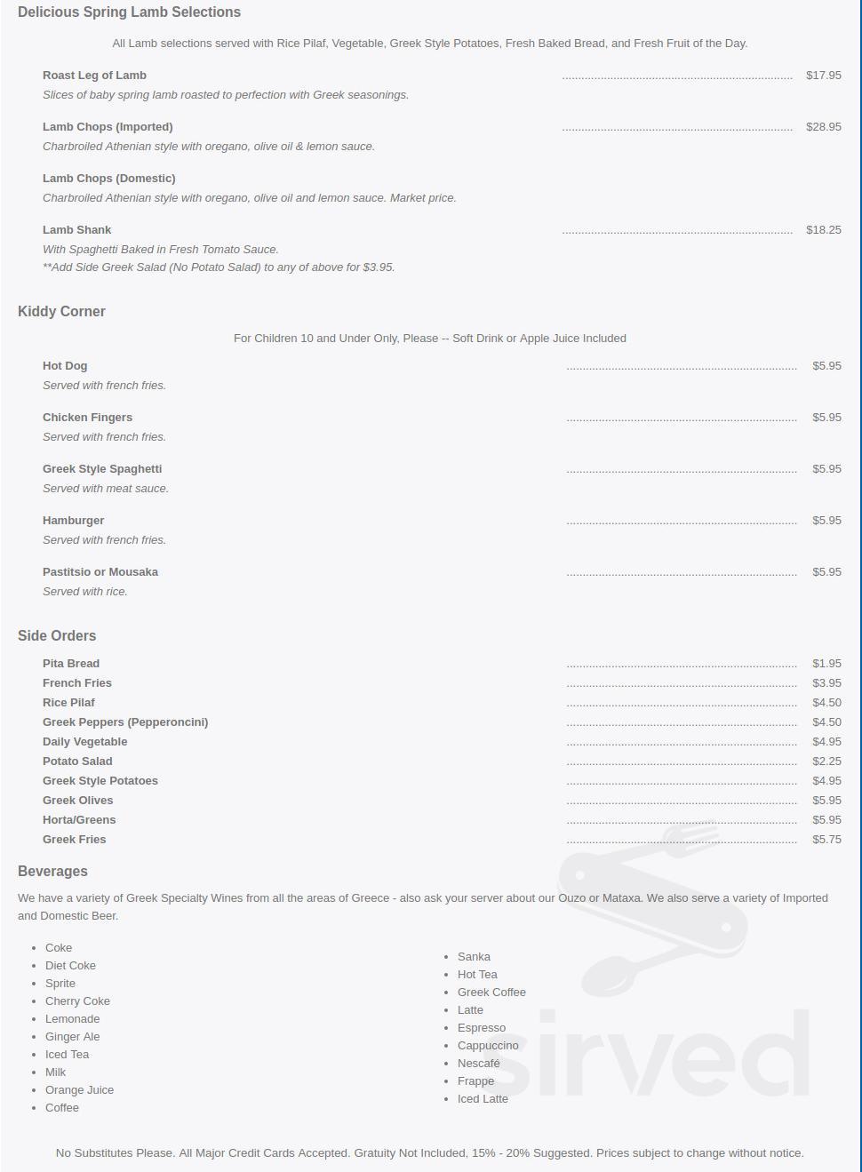 Hellas Restaurant & Bakery menu in Tarpon Springs, Florida, USA