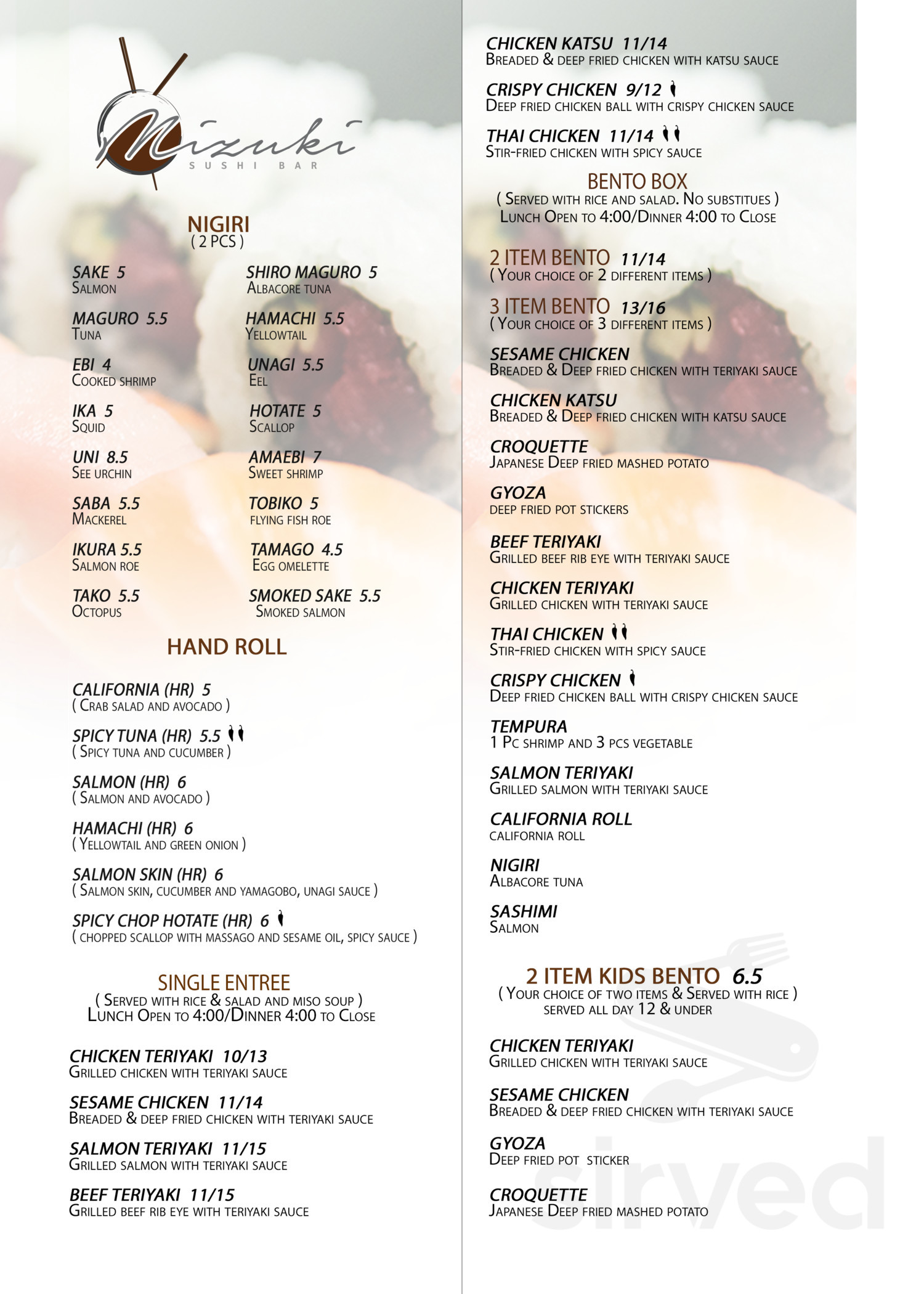 Mizuki Sushi menu in Citrus Heights, California, USA