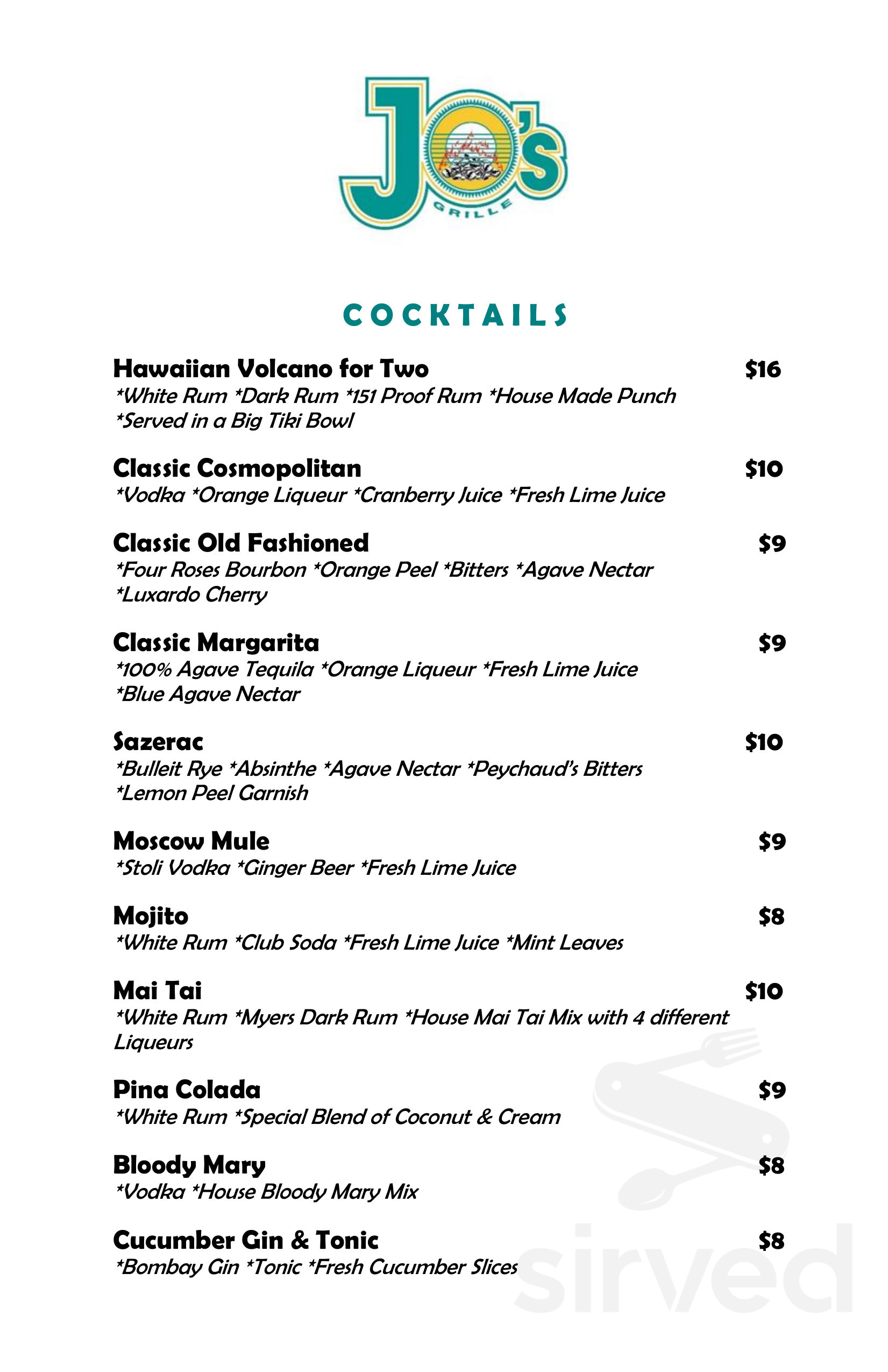 Jo's Grille menu in Atlanta, Georgia, USA