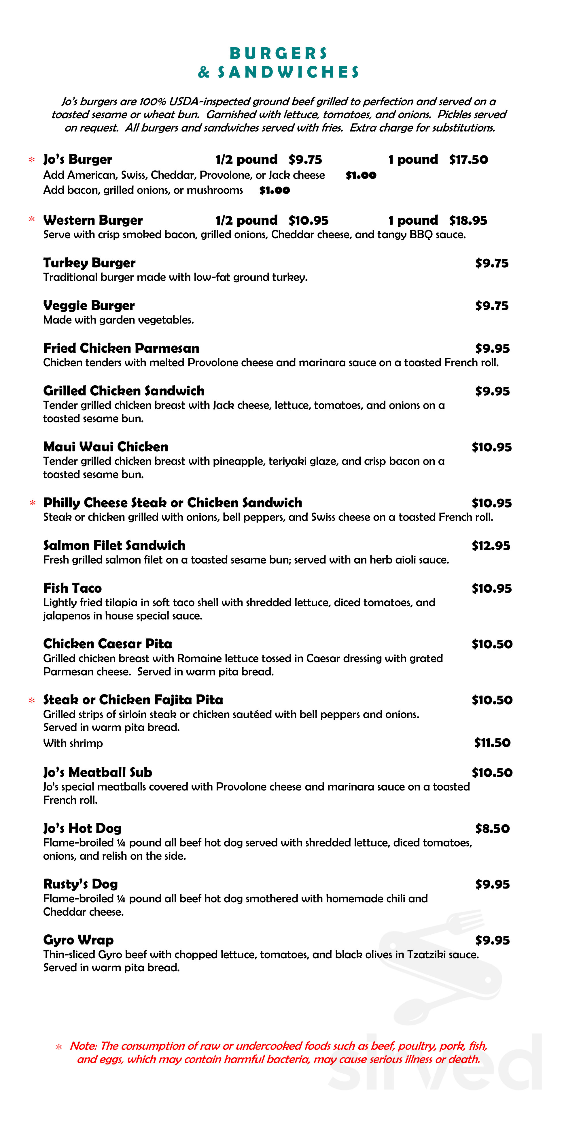 Jo's Grille menu in Atlanta, Georgia, USA