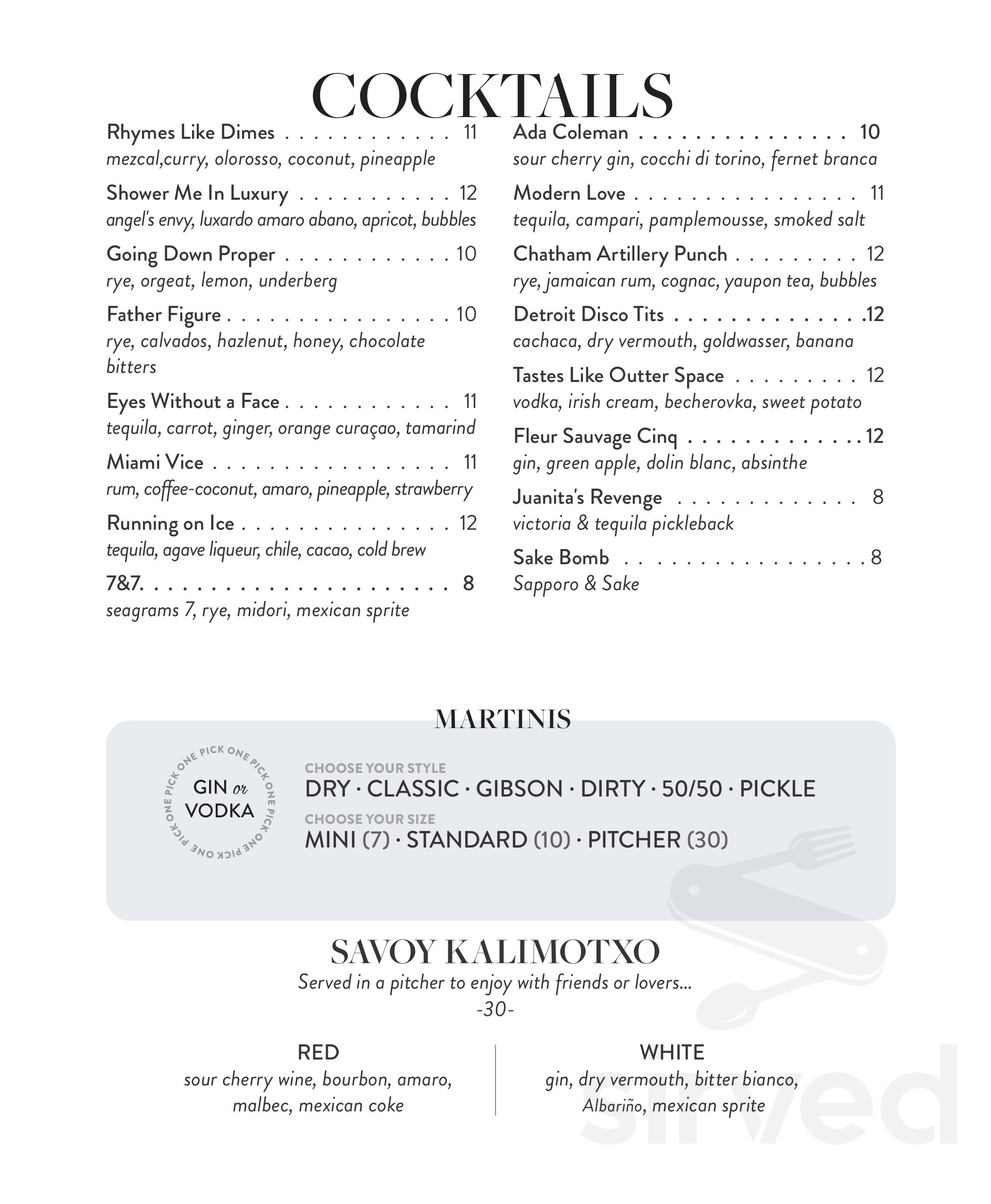 Savoy Society menu in Savannah, Georgia, USA