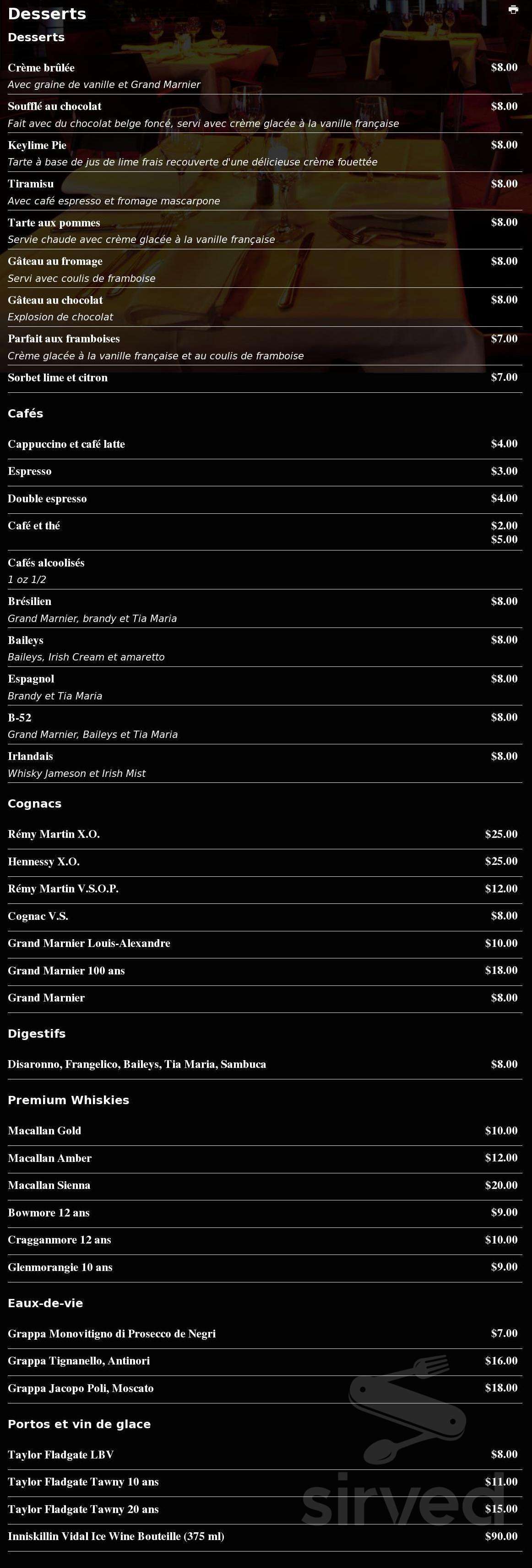 Menu for Sterlings Steakhouse in Laval, QC | Sirved