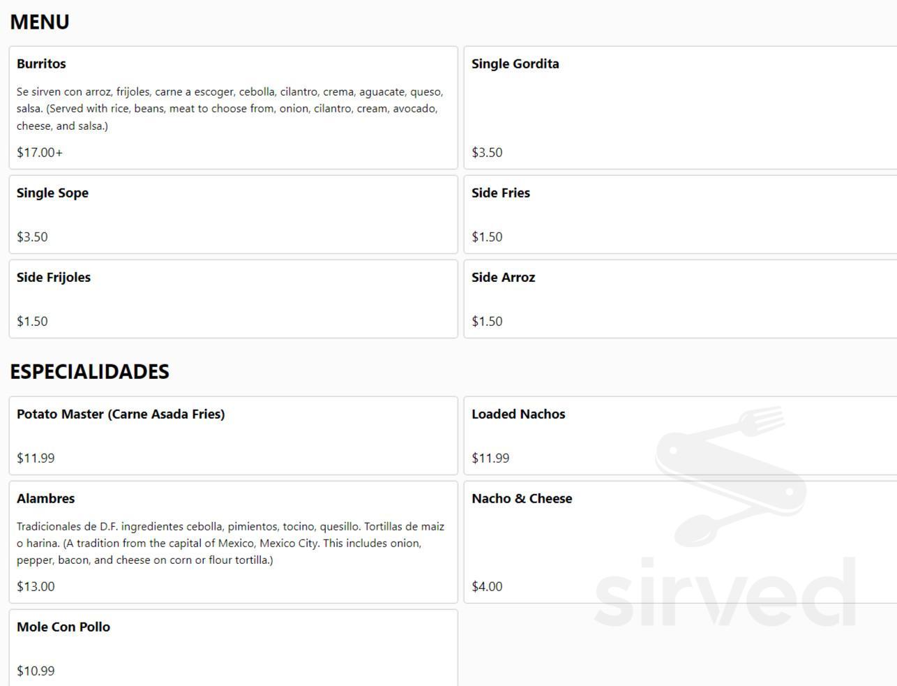 TACO MASTER menu in Fort Worth, Texas, USA