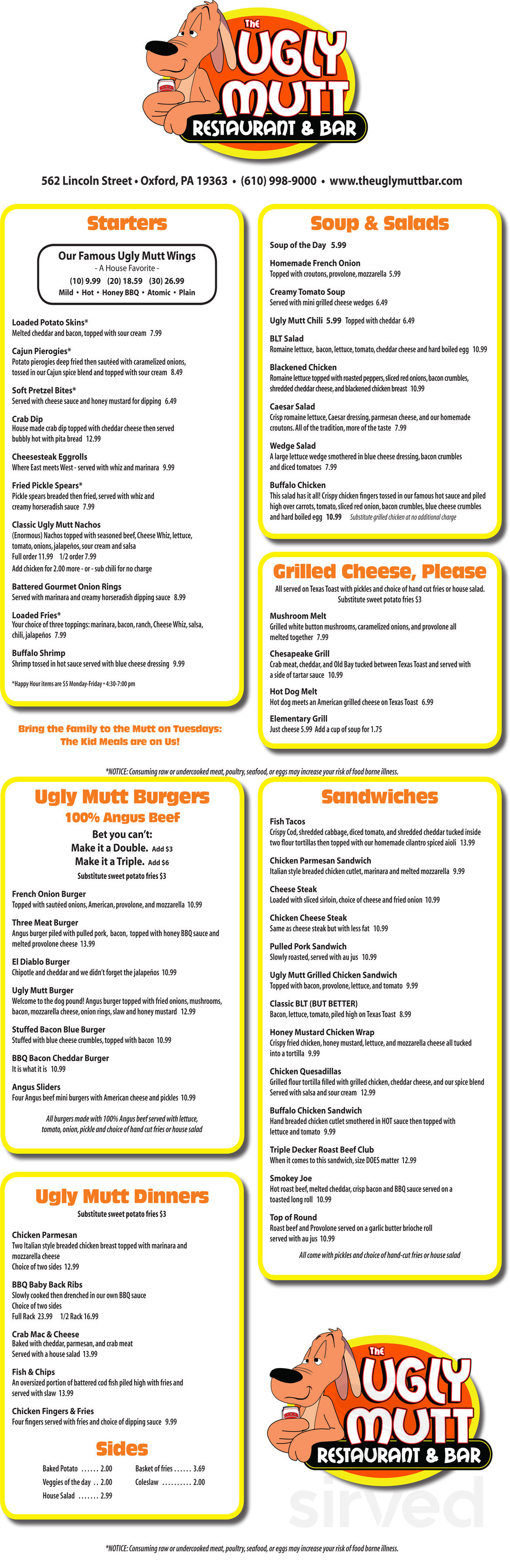 Menu for The Ugly Mutt Restaurant and Bar in Oxford, PA | Sirved