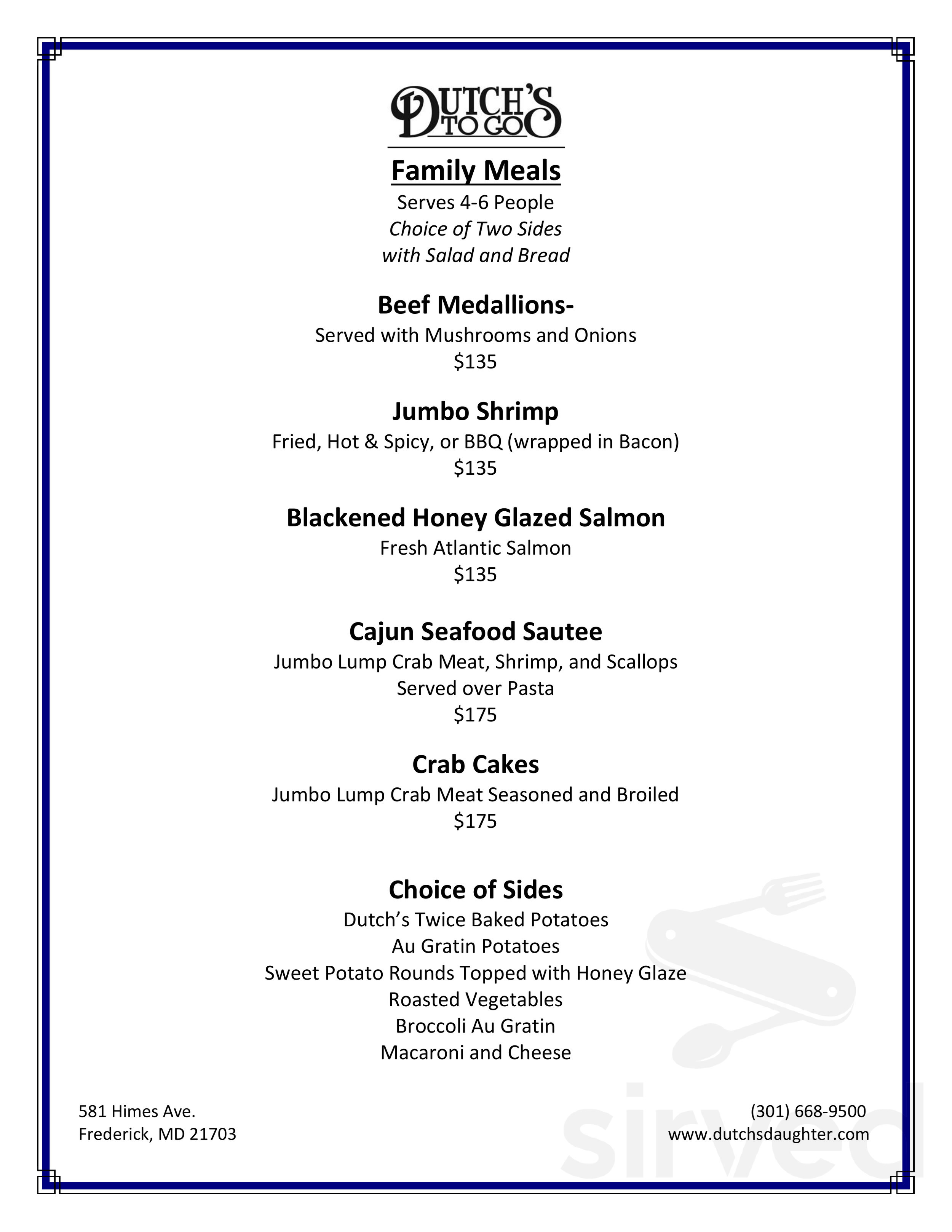 Dutch's Daughter menu in Frederick, Maryland, USA
