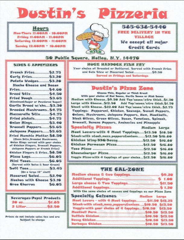 Dustin's Pizzeria menus in Holley, New York, United States