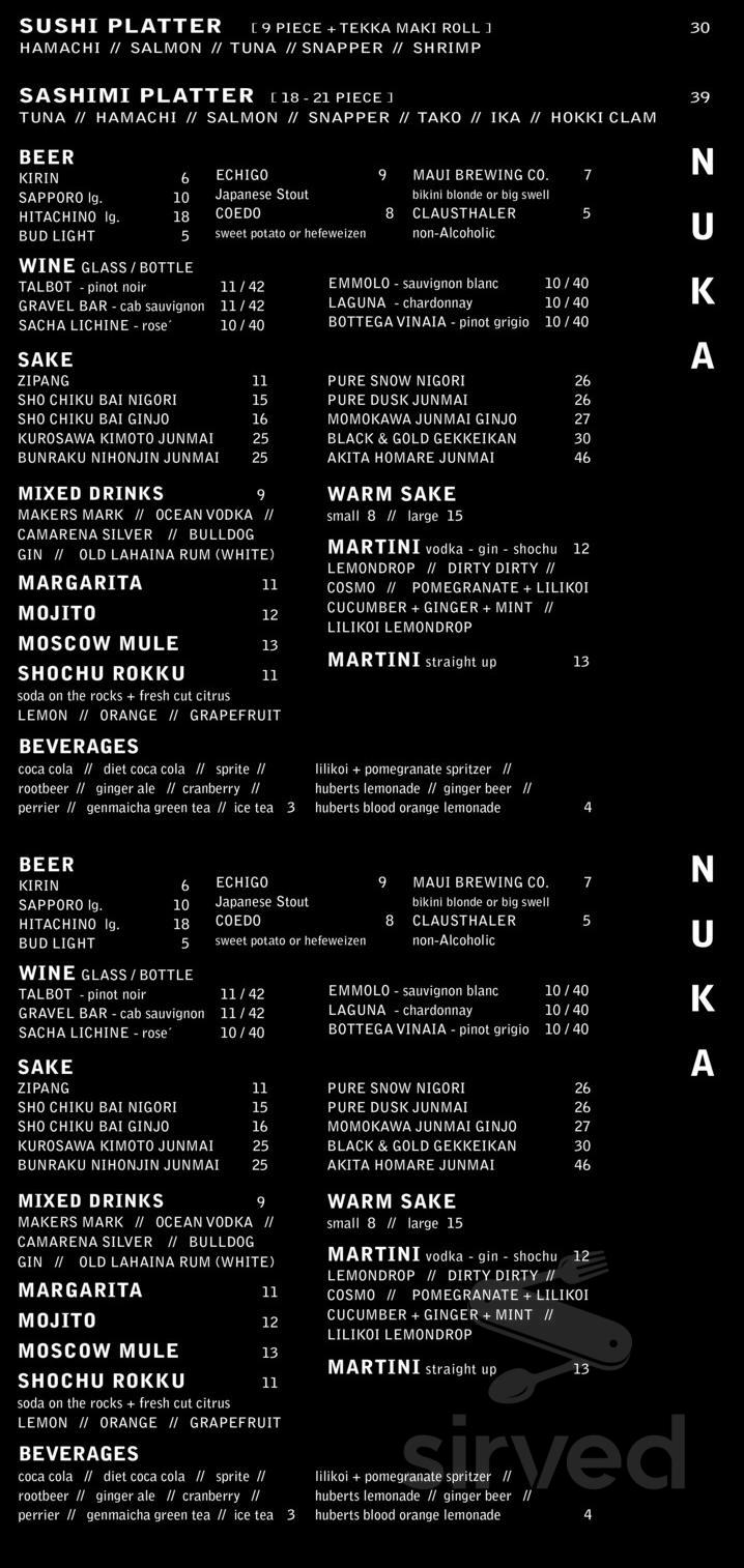 Menu - Haiku HI's Nuka | Sirved