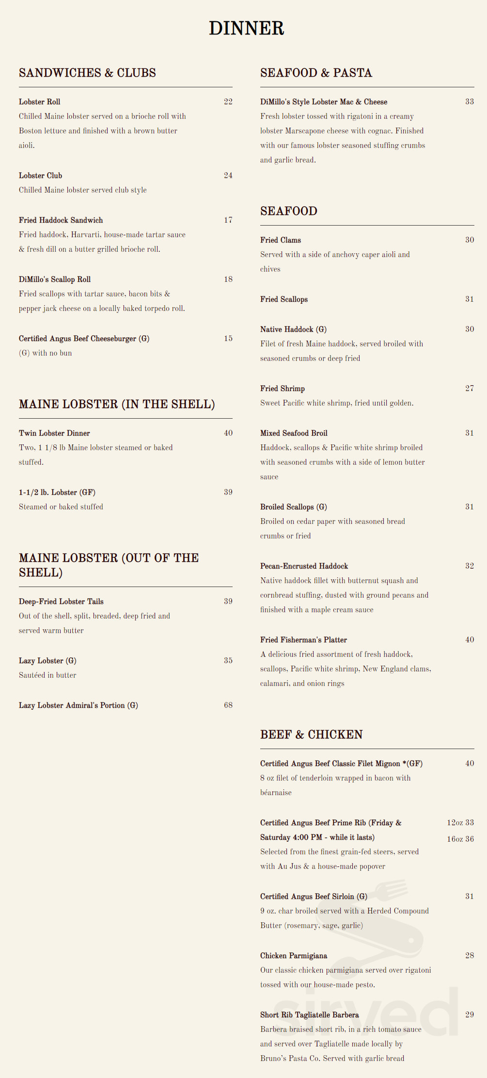 Menu for DiMillo's On The Water in Portland, ME | Sirved