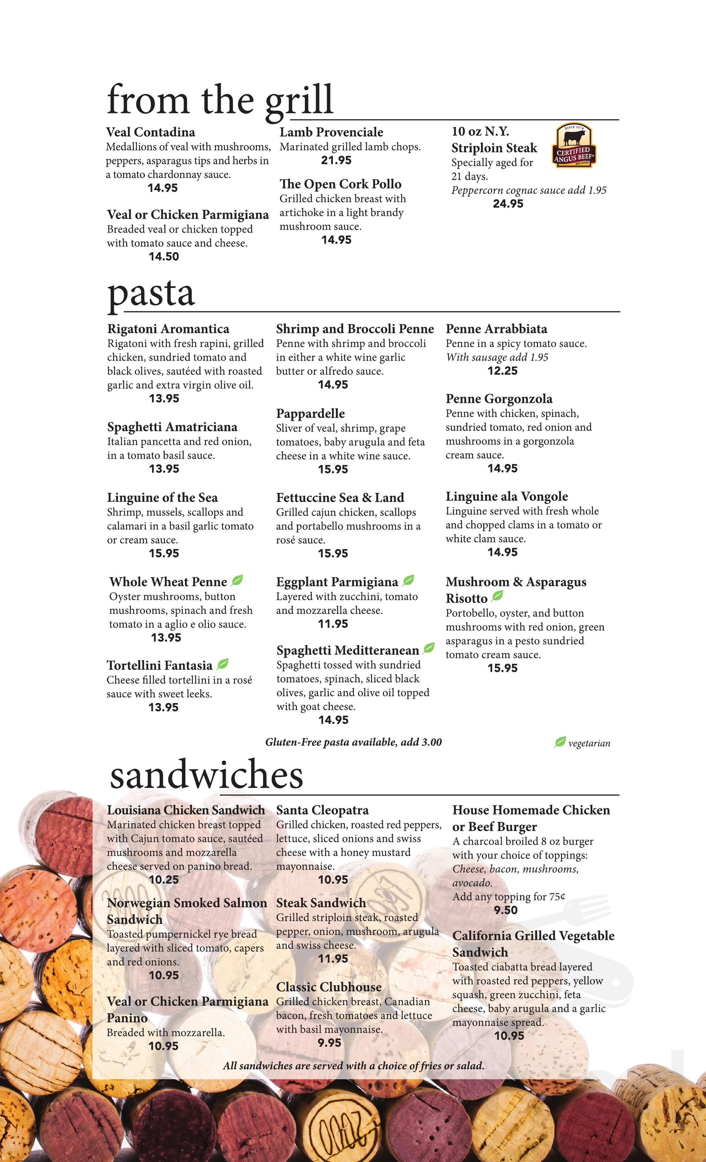 The Open Cork Restaurant & Lounge menu in Mississauga, Ontario, Canada