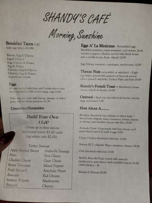 Shandy's menu in Houston, Texas, USA