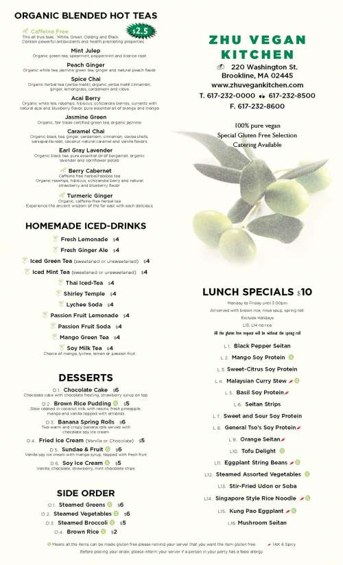 Zhu Vegan Kitchen menu in Brookline, Massachusetts, USA