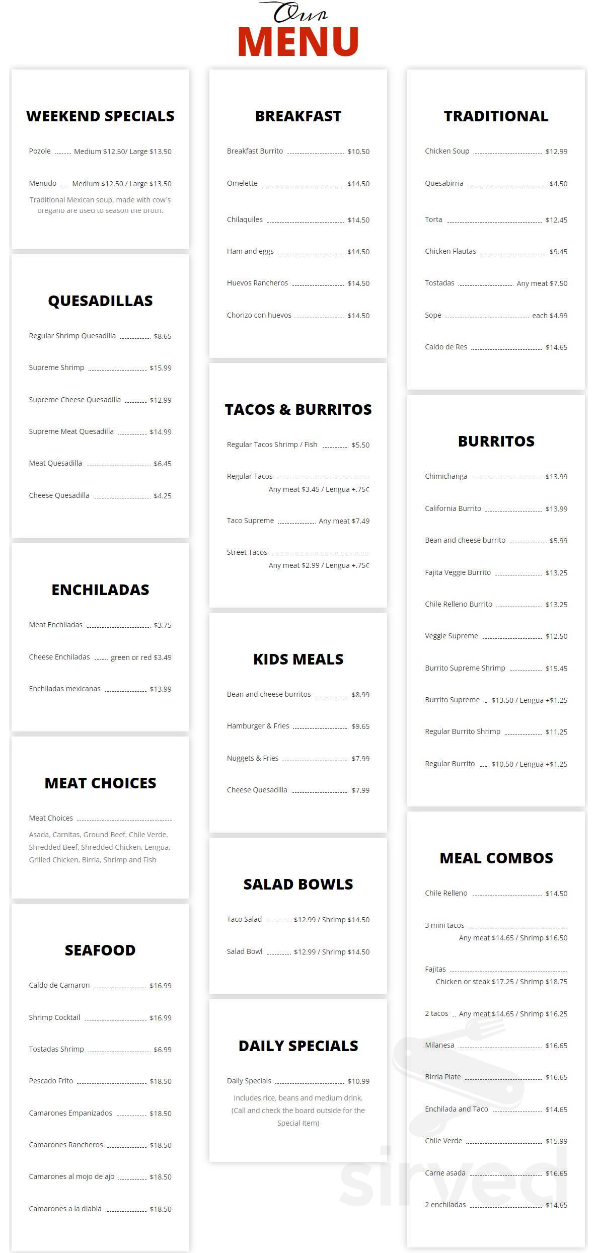 El Rincon Méxican Restaurant menu in Sacramento, California, USA