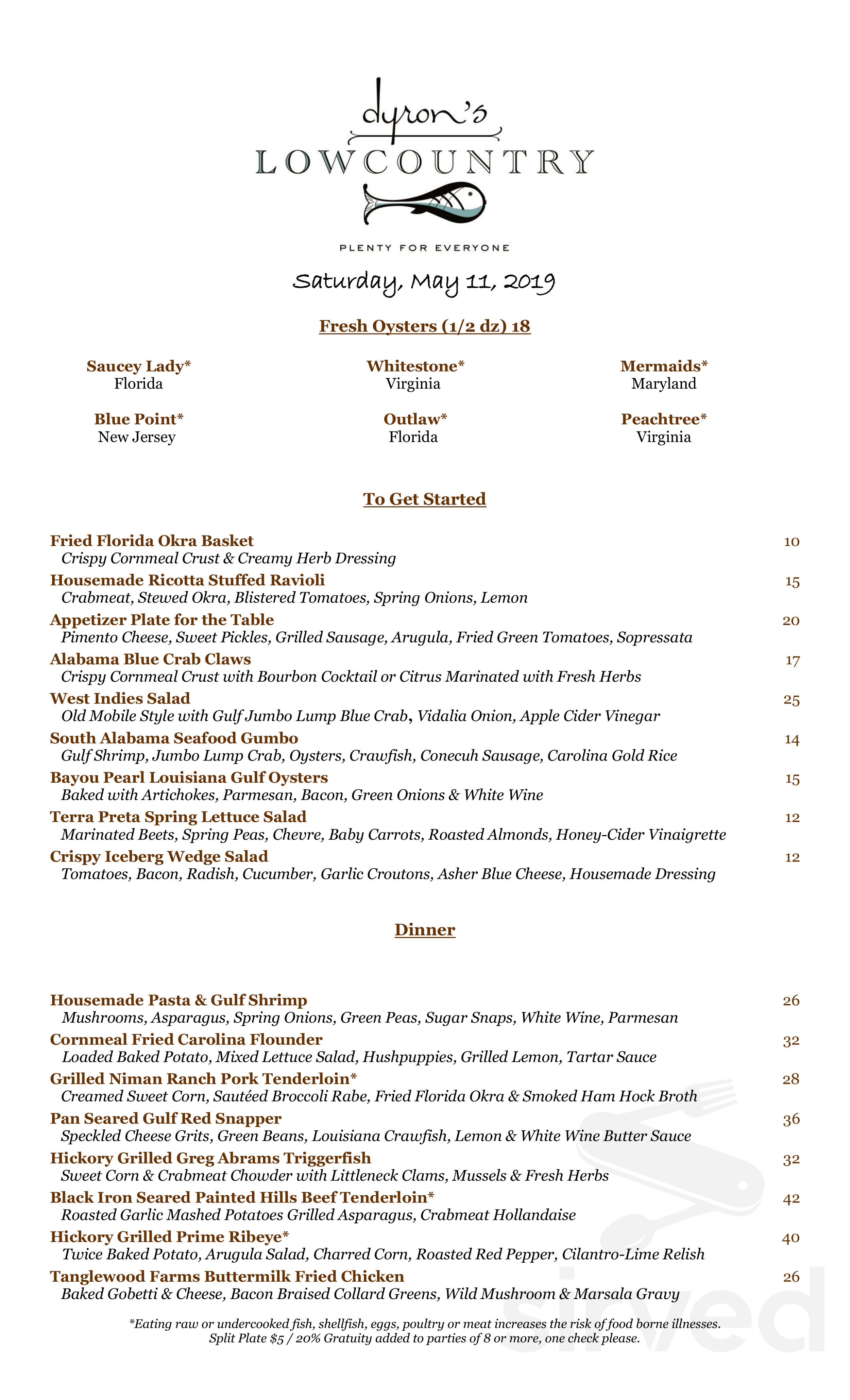 Dyron's Lowcountry menu in Mountain Brook, Alabama, USA