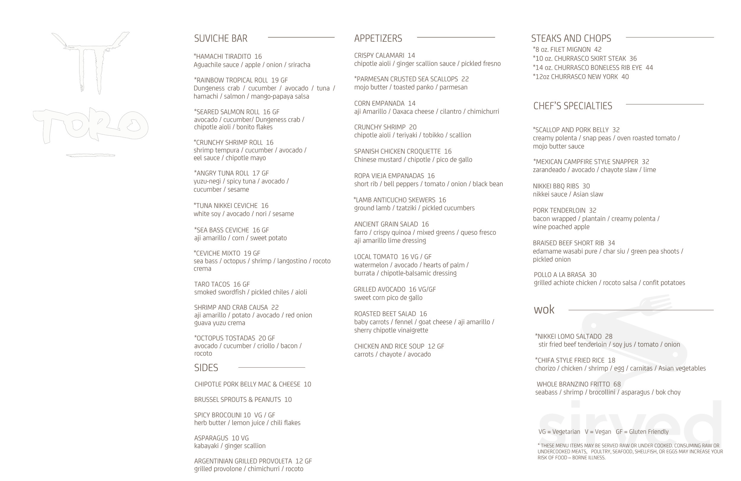 Toro Latin Restaurant & Rum Bar menu in Scottsdale, Arizona, USA