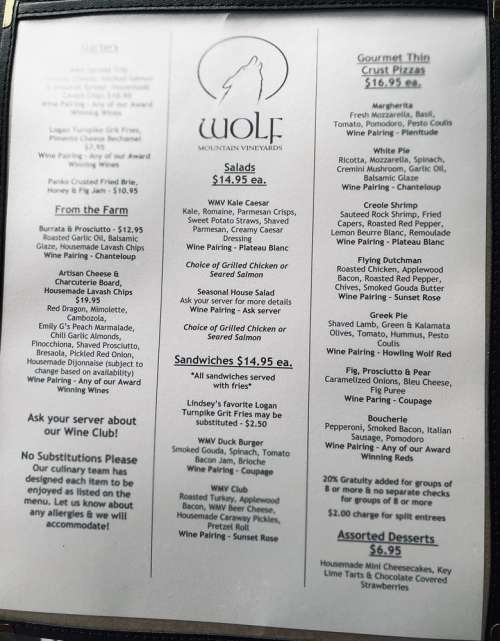 Wolf Mountain Vineyards menu in Dahlonega, Georgia, USA
