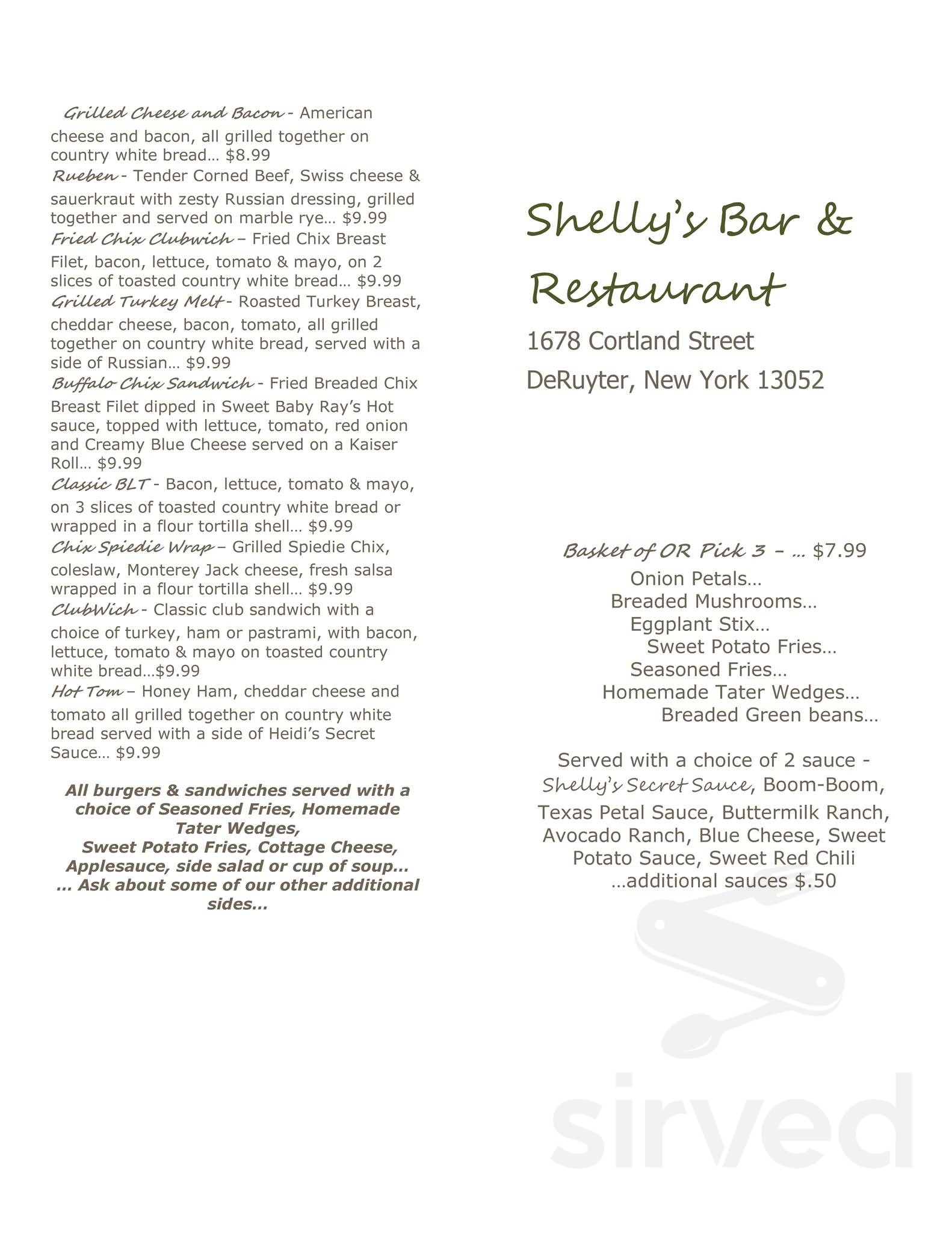 Shelly's menu in Deruyter, New York, USA