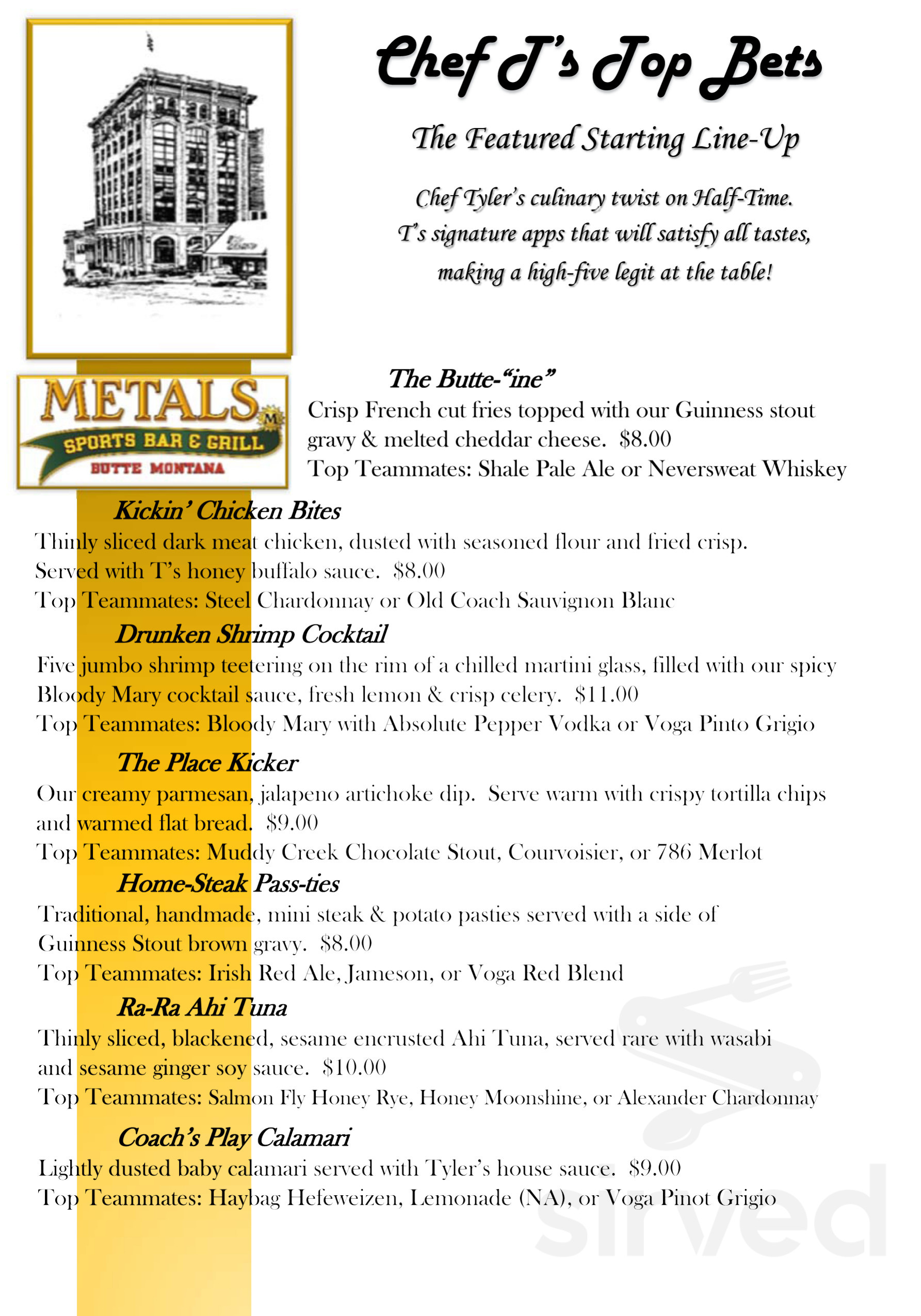 Metals Sports Bar and Grill menu in Butte, Montana, USA