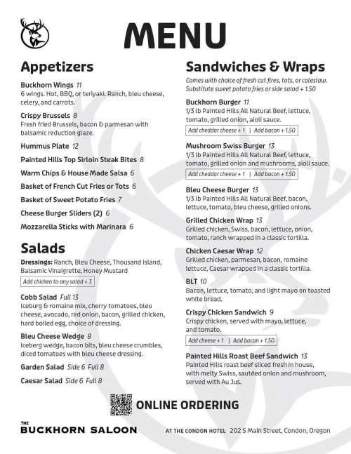 The Buckhorn Saloon menu in Condon, Oregon, USA