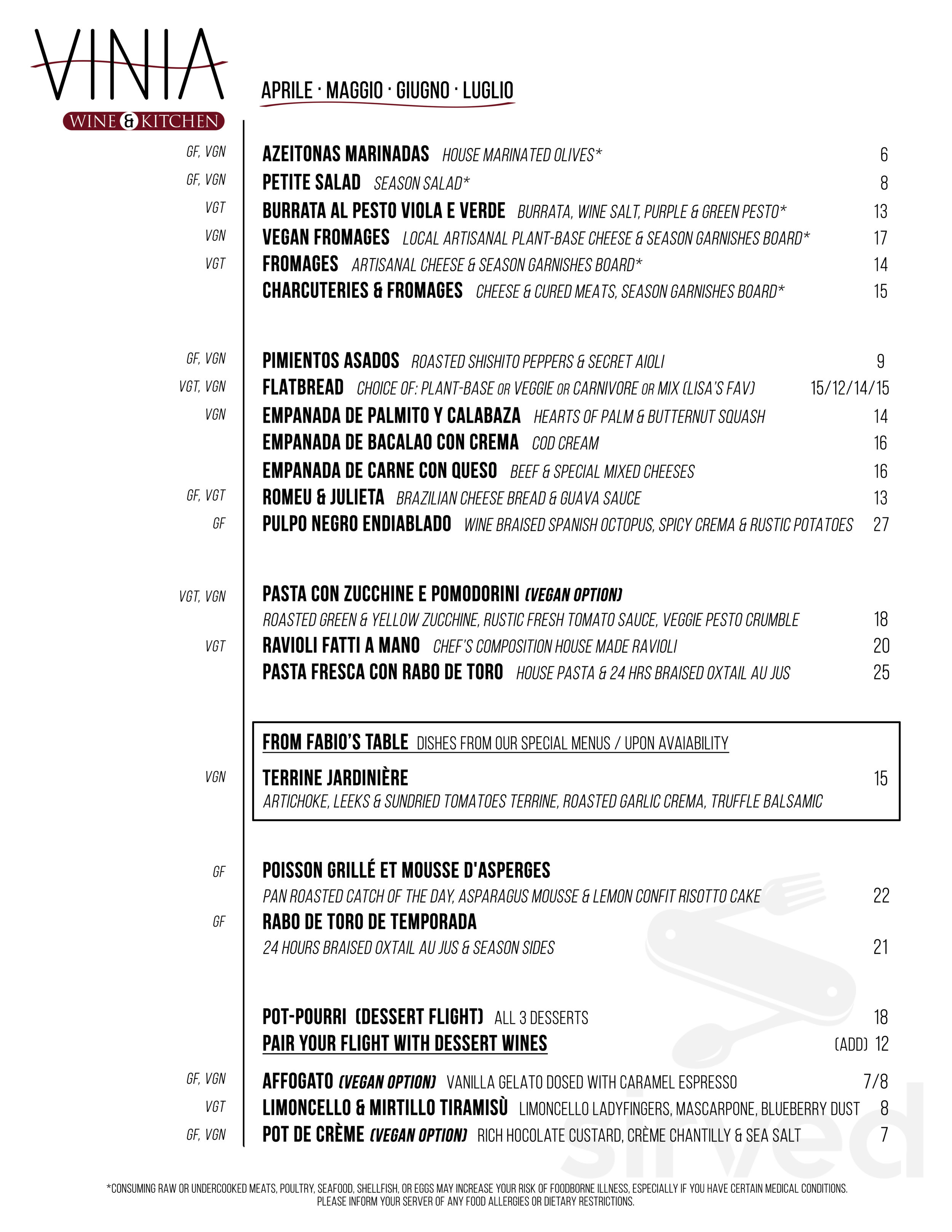 Menu - Winter Park FL's VINIA Wine & Kitchen | Sirved