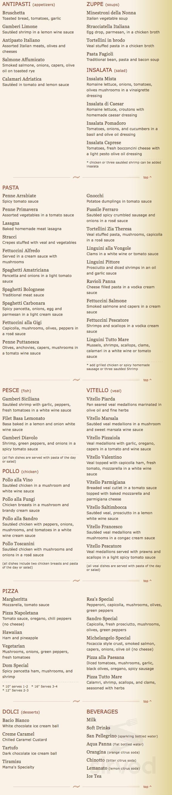 Menu for Rea's Italian Cucina in Calgary, AB | Sirved