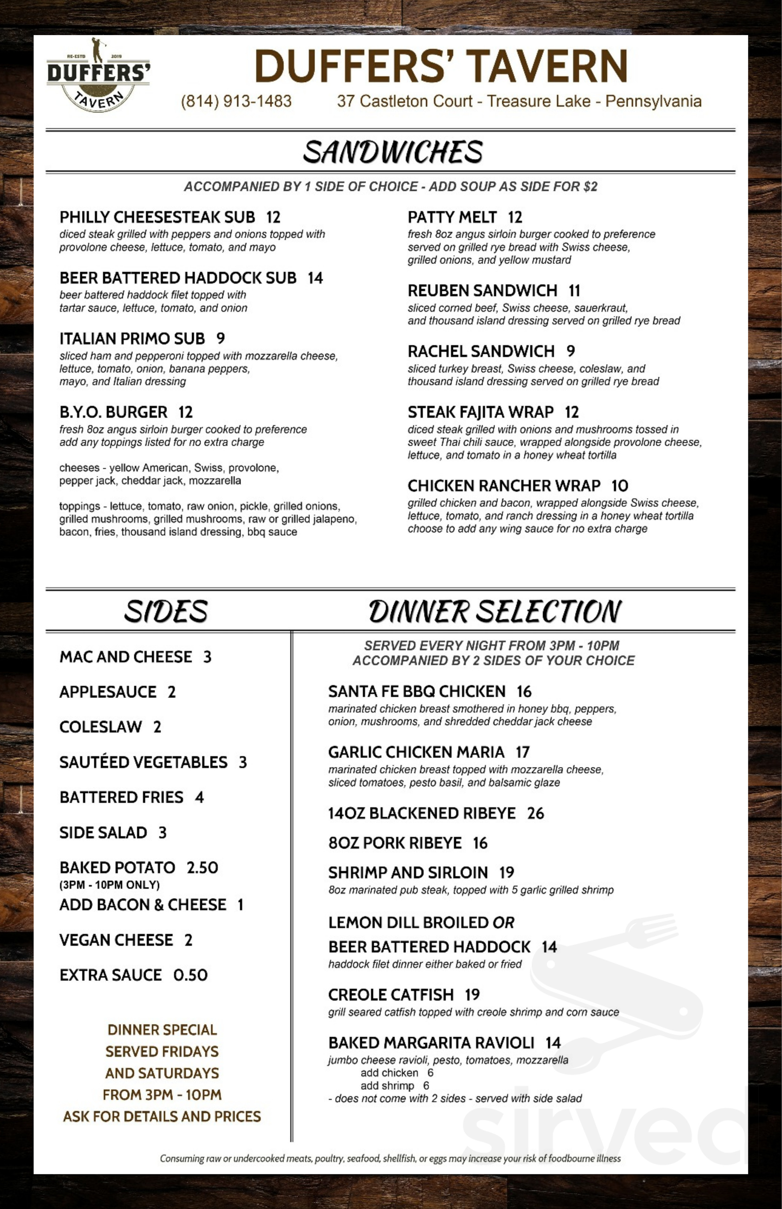 Duffer's Tavern menu in DuBois, Pennsylvania, USA