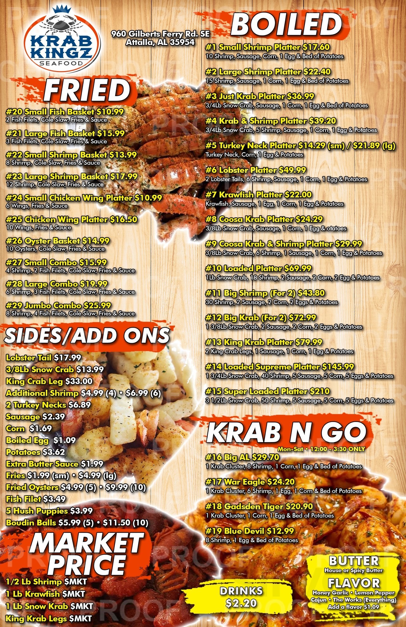 Menu - Attalla AL's Krab Kingz | Sirved