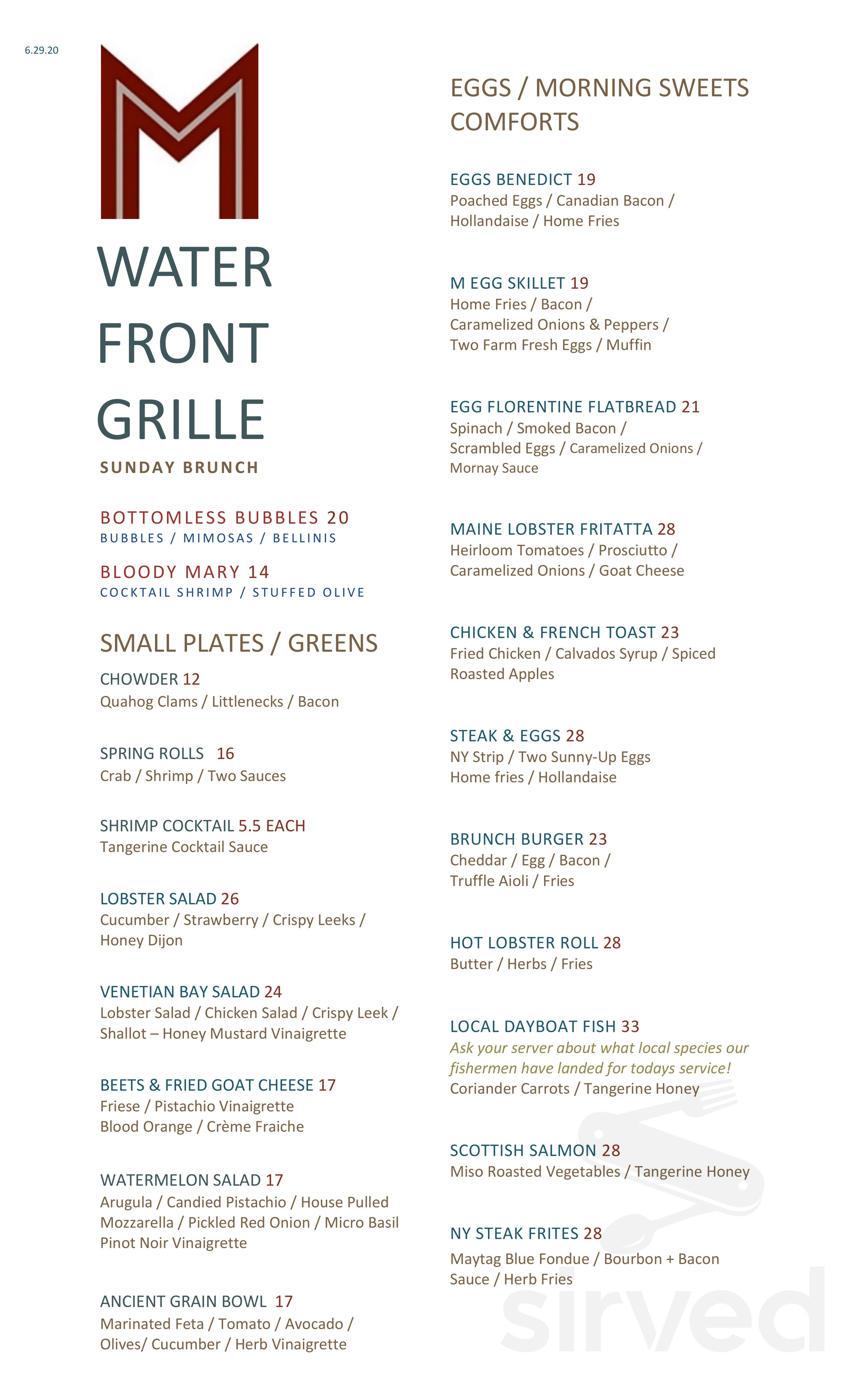 M Waterfront Grille menu in Naples, Florida, USA