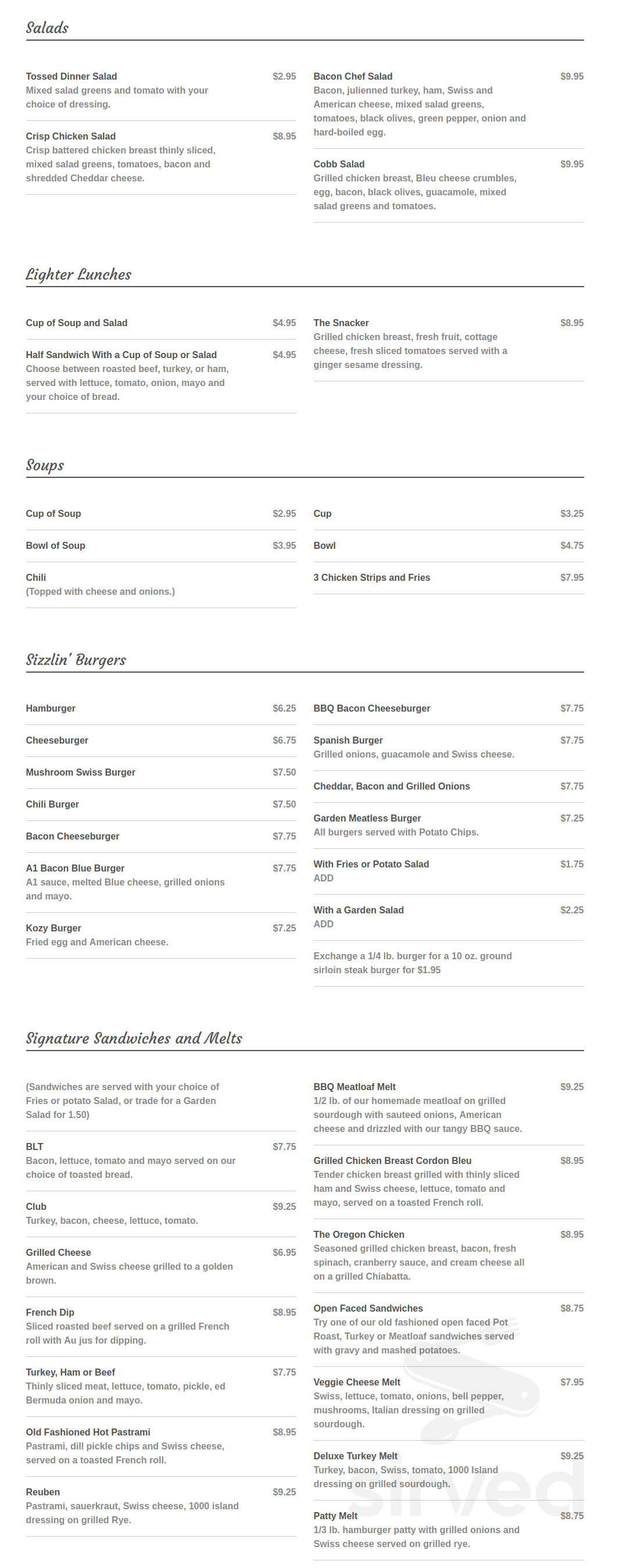 Kozy Kitchen menu in North Bend, Oregon, USA