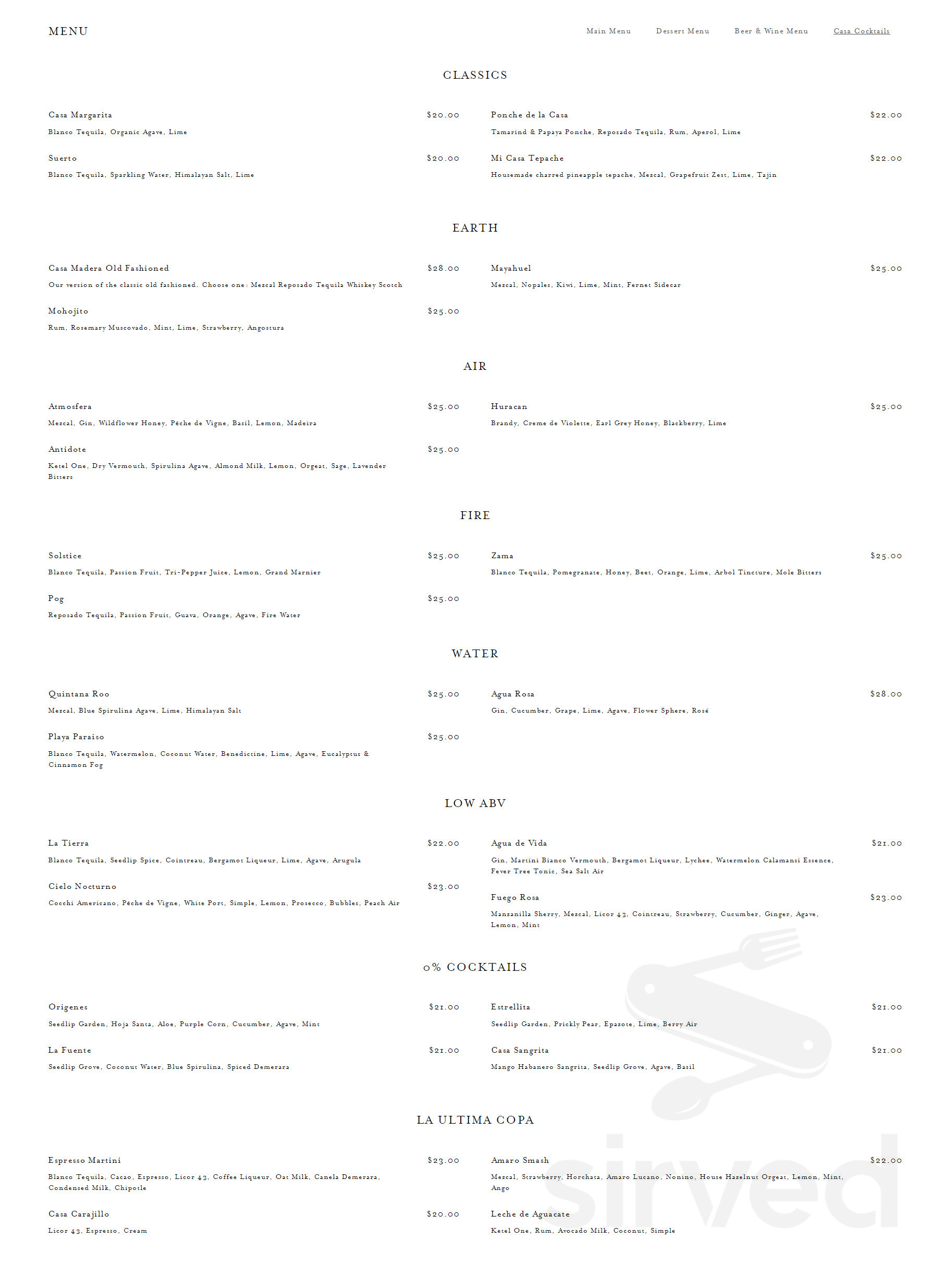 Casa Madera menu in Toronto, Ontario, Canada