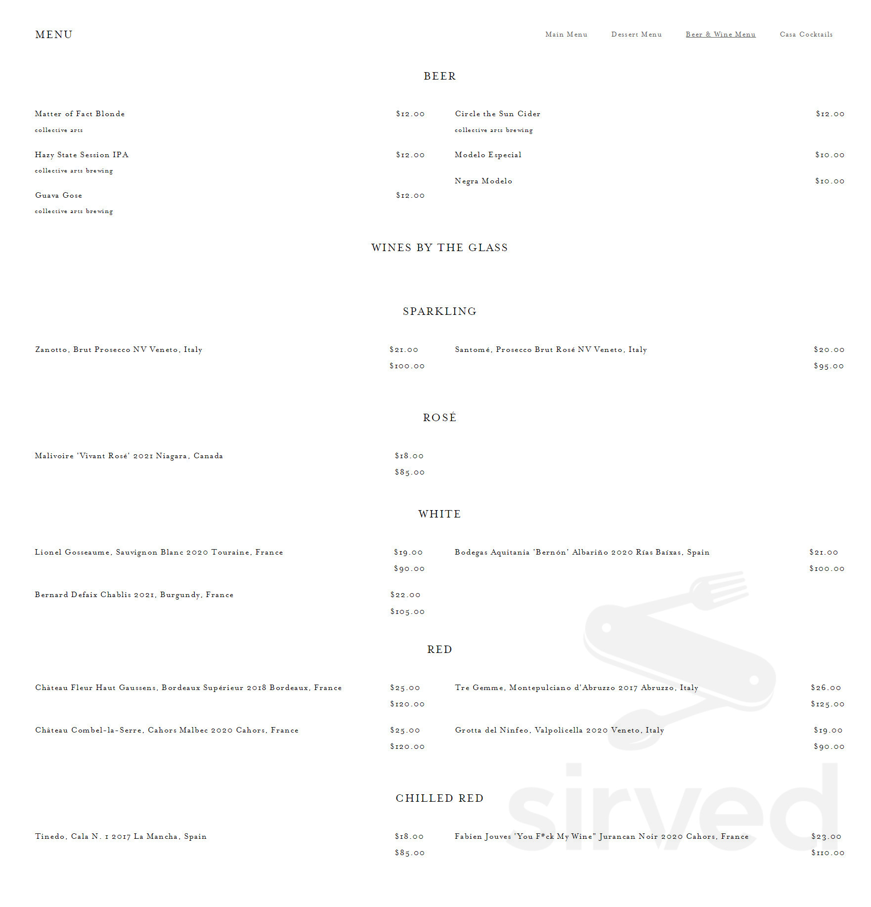 Casa Madera menu in Toronto, Ontario, Canada