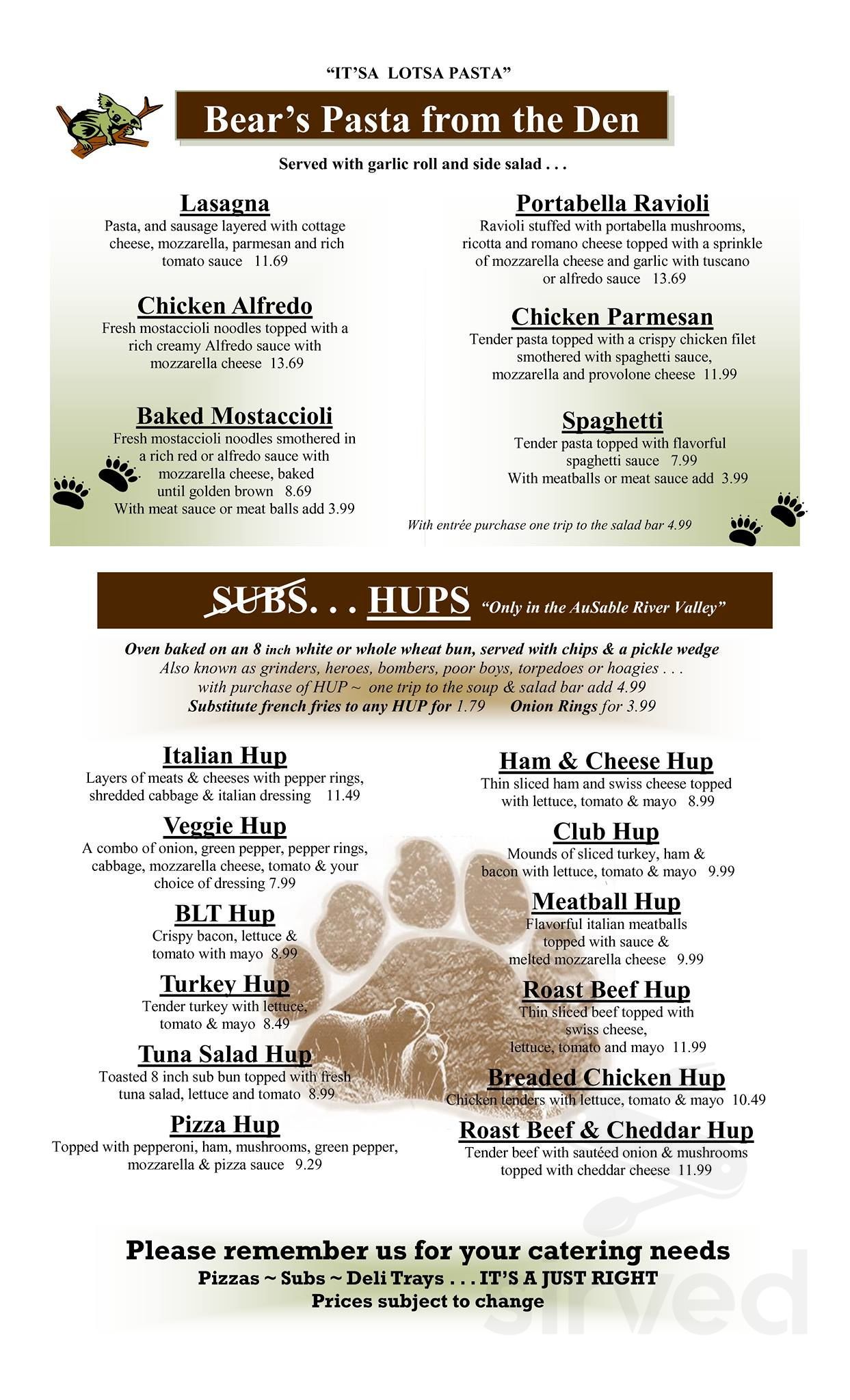 Bear's Den Pizzeria menu in Grayling, Michigan, USA
