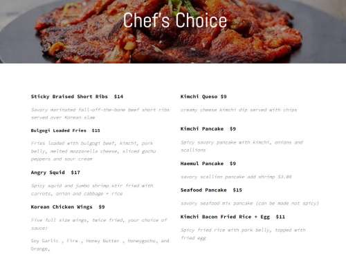 KOGI menu in Richmond, Virginia, USA