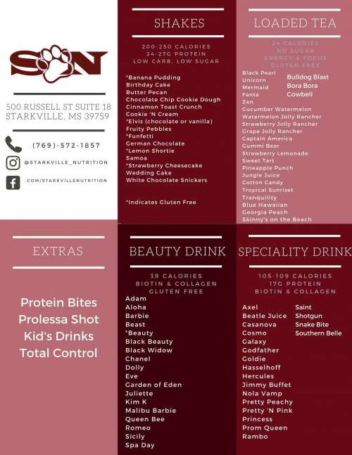 Starkville Nutrition menu in Starkville, Mississippi, USA