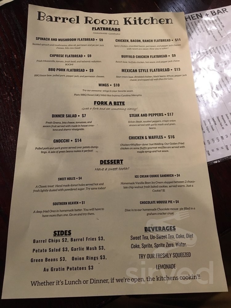 The Barrel Room Kitchen + Bar menu in Enterprise, Alabama, USA