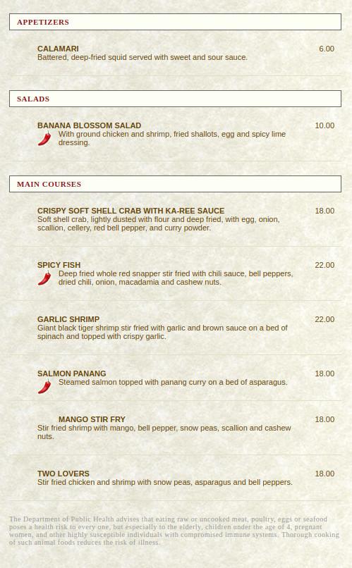 Royal Orchid menu in Montpelier, Vermont, USA