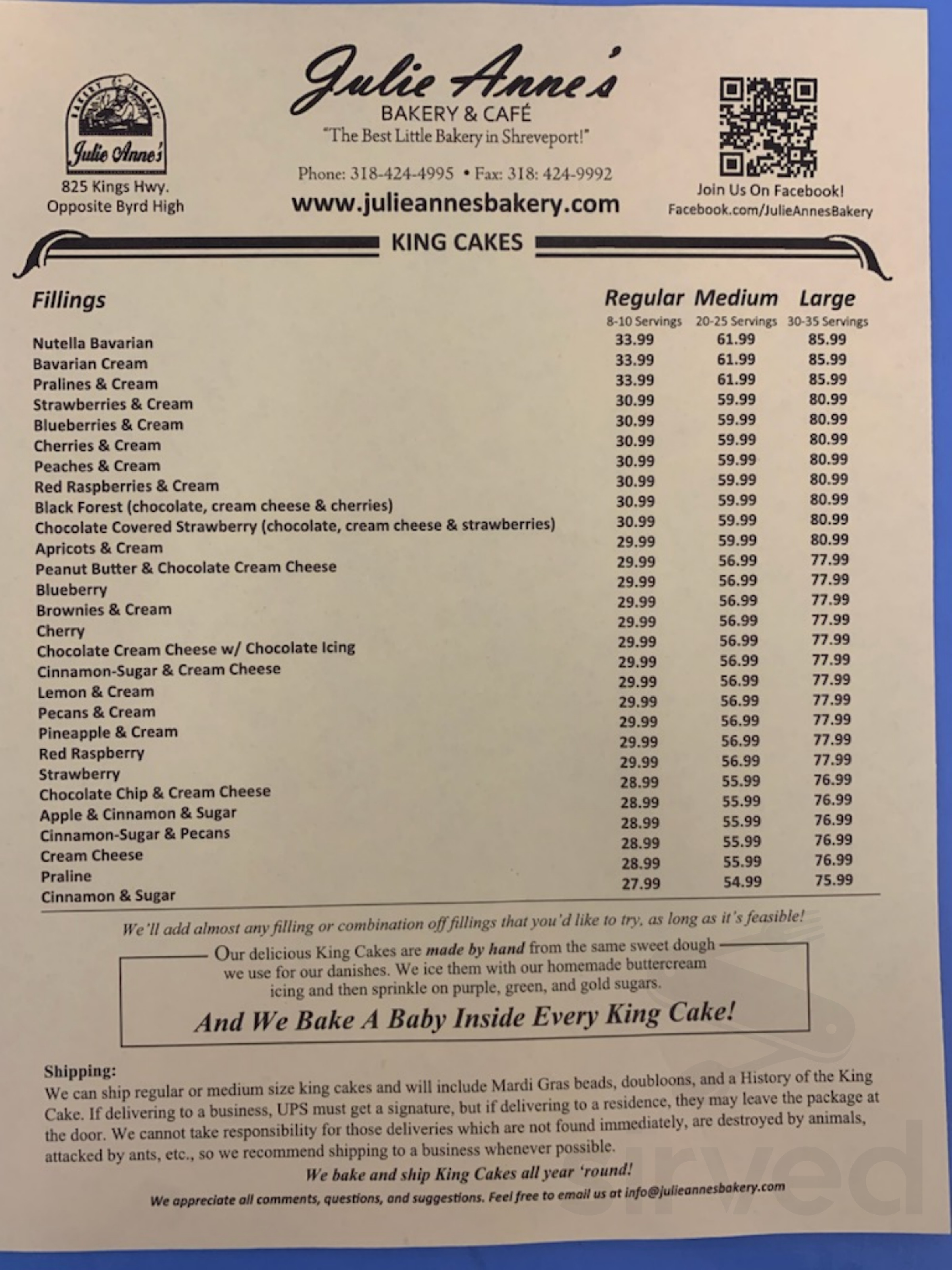 Julie Anne's Bakery & Cafe menu in Shreveport, Louisiana, USA
