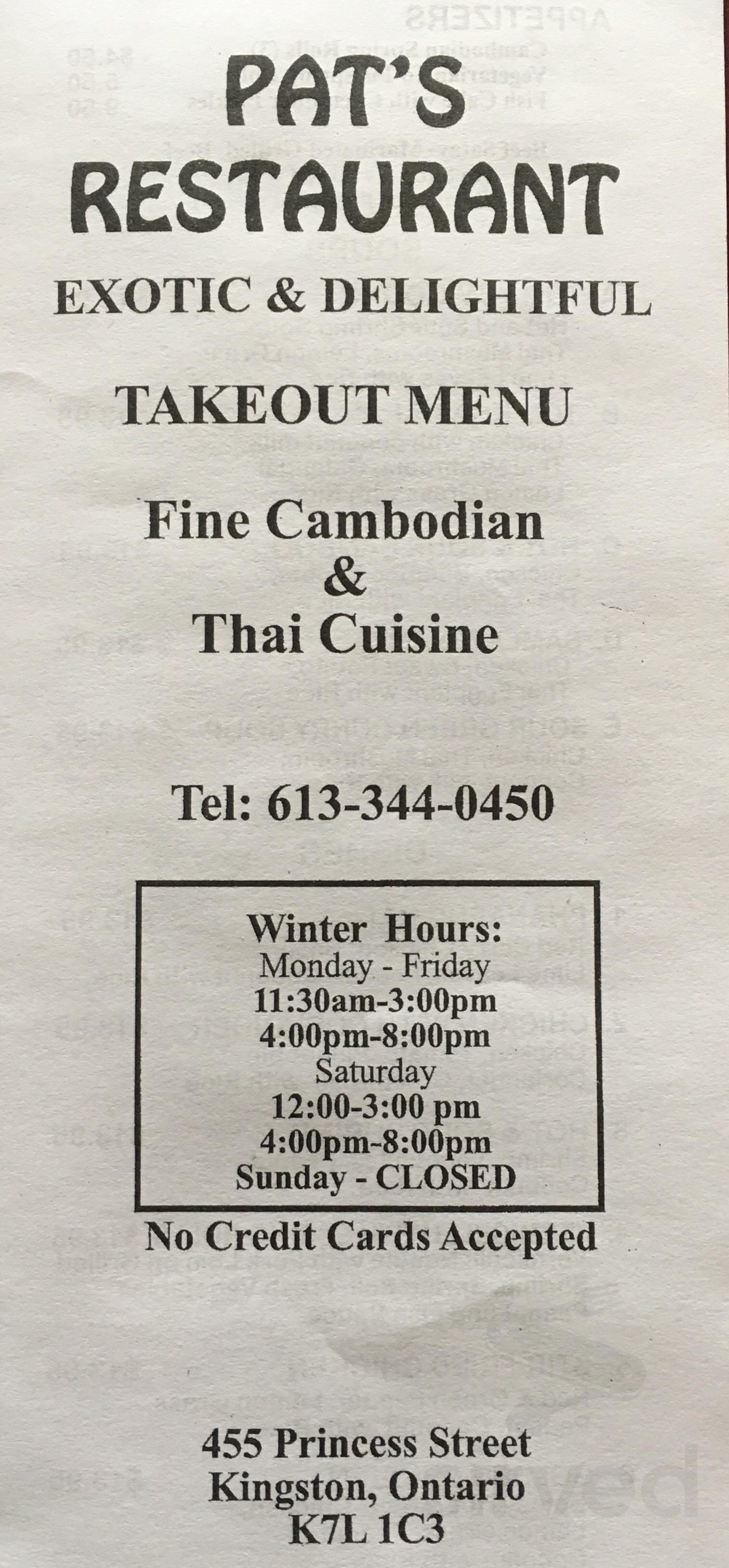 Pat's Restaurant menu in Kingston, Ontario, Canada